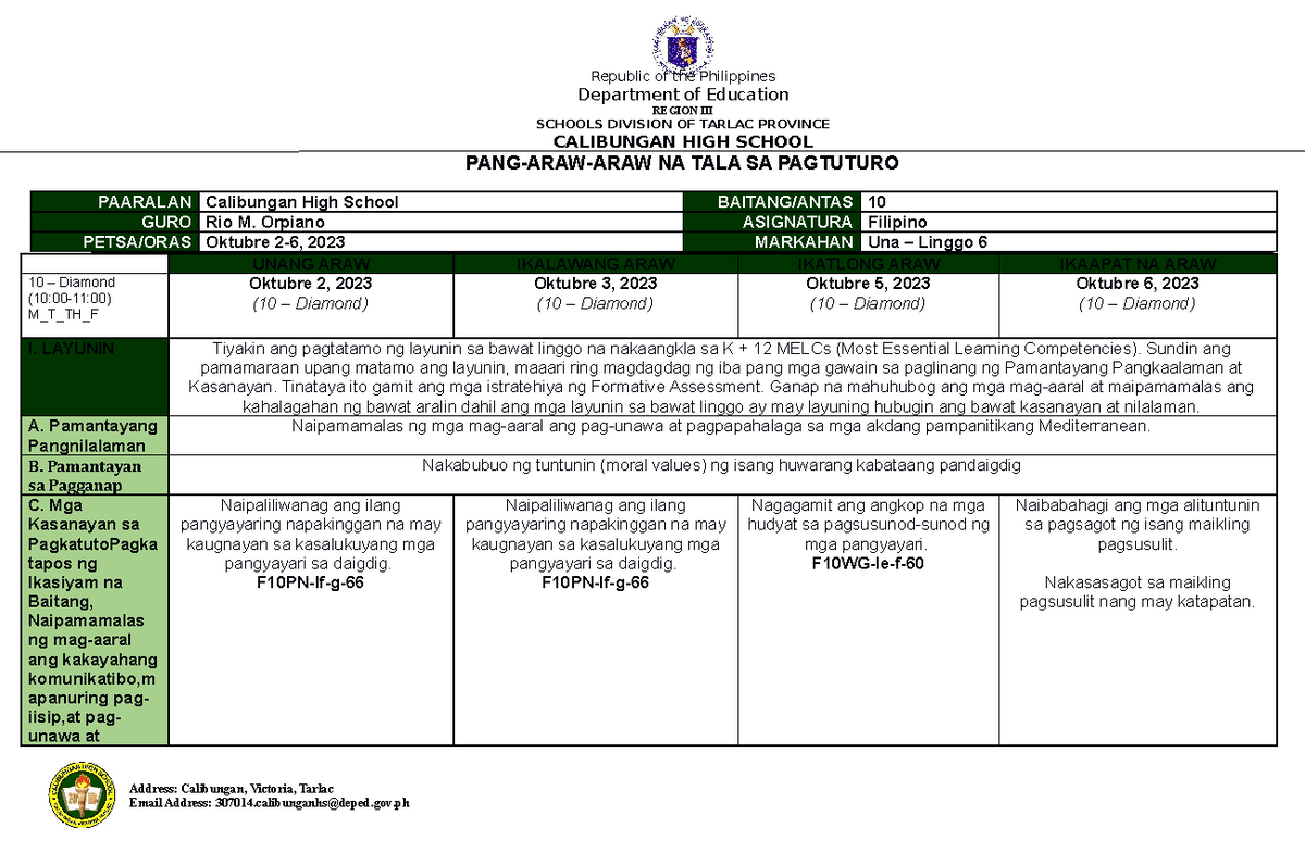 DLL Filipino 10 - WEEK 6 - Department of Education REGION III SCHOOLS ...