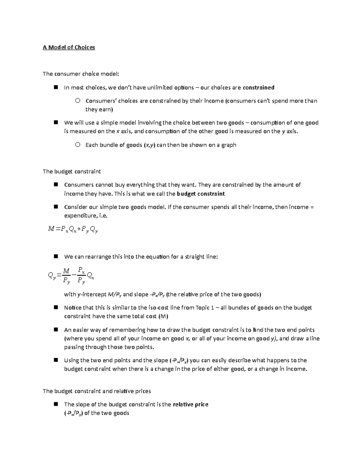 A Model of Choices - A Model of Choices The consumer choice model: In ...