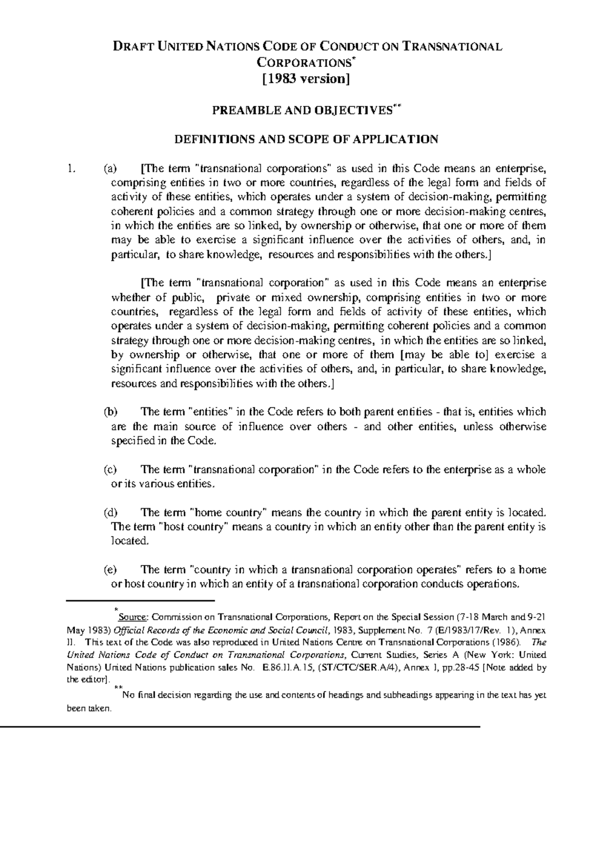 Unctad model-Transnational Corporations - DRAFT UNITED NATIONS CODE OF ...