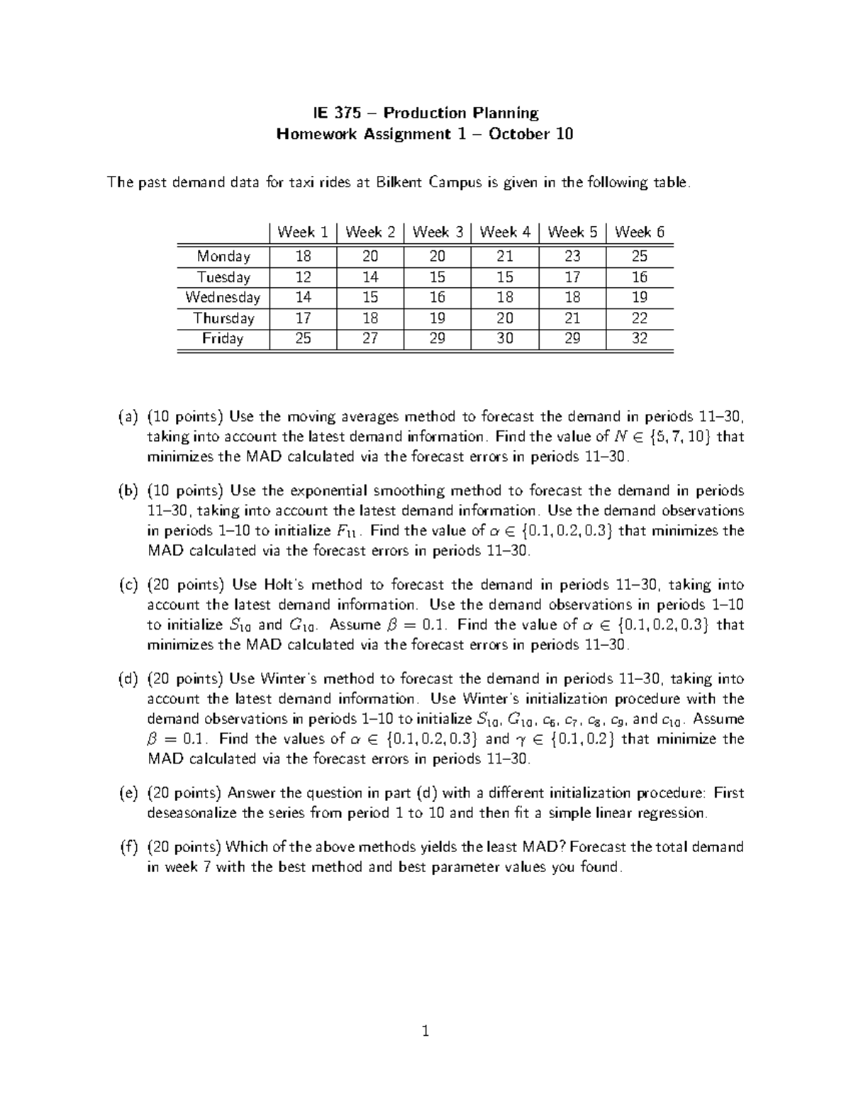 Homework 1 - hw 1 - IE 375 – Production Planning Homework Assignment 1 – October 10 The past ...
