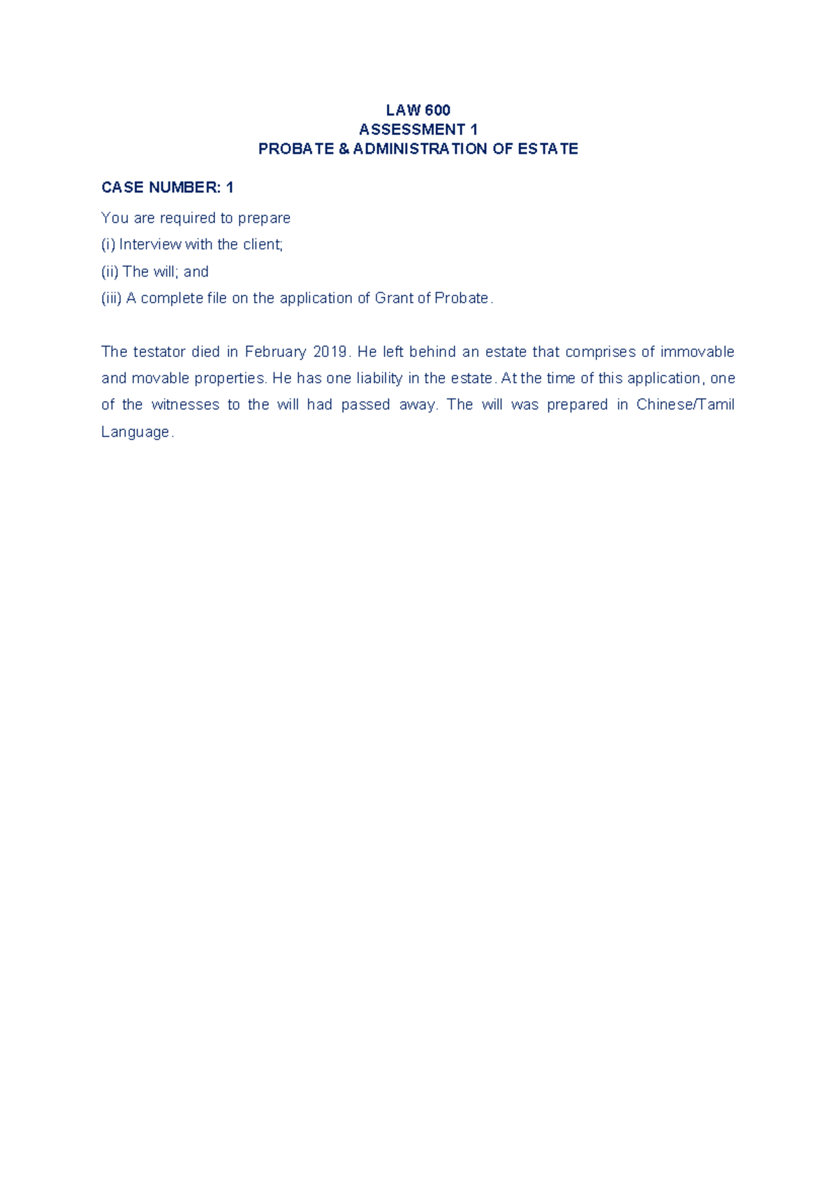 Probate Questions - ASSESSMENT 1 PROBATE & ADMINISTRATION OF ESTATE ...