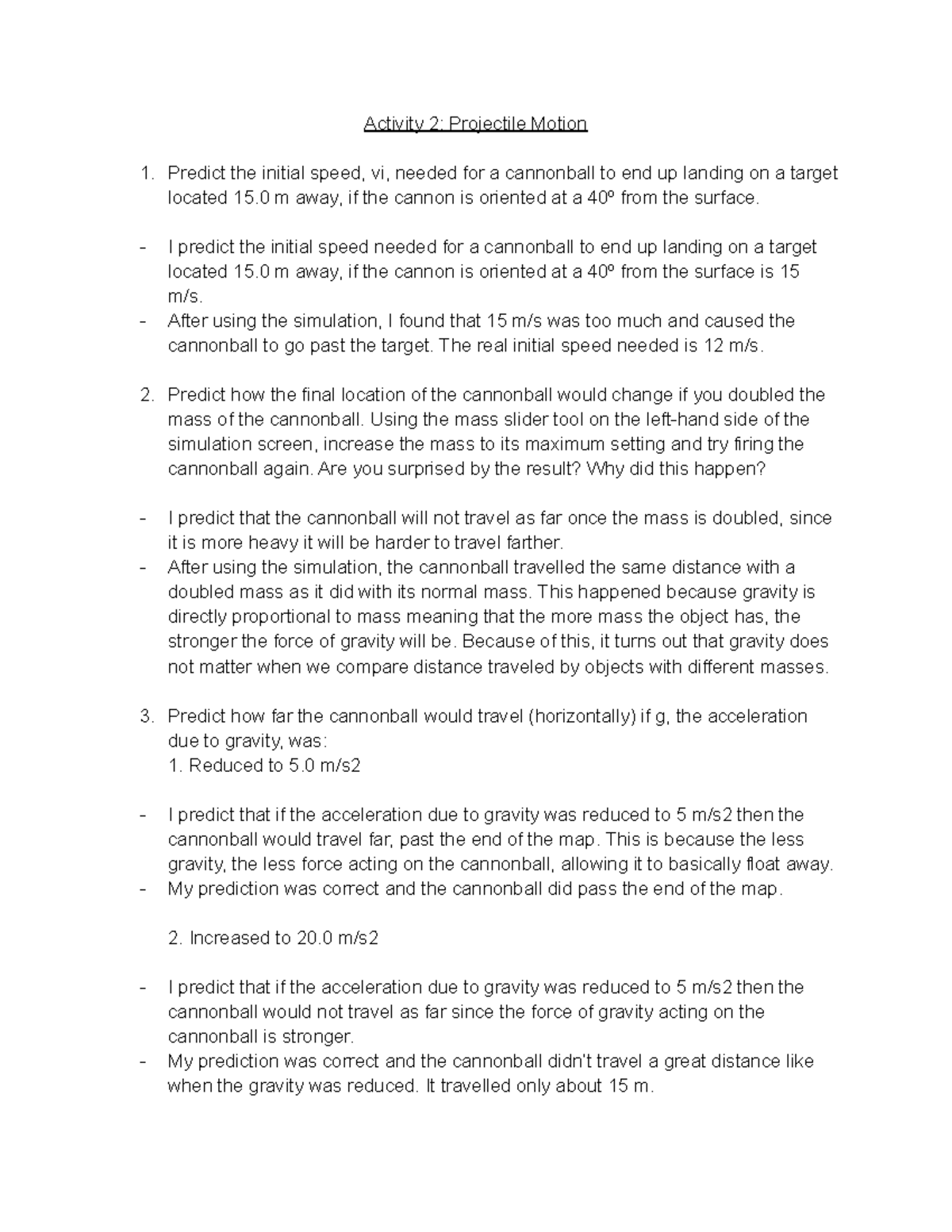 Activity 2 Projectile Motion - Activity 2: Projectile Motion Predict ...