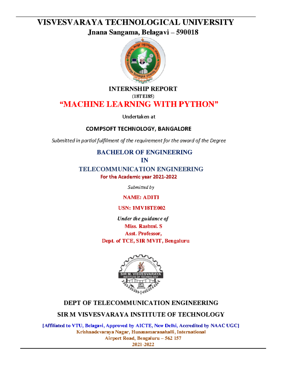 Newinternshipreport - internship report - VISVESVARAYA TECHNOLOGICAL ...