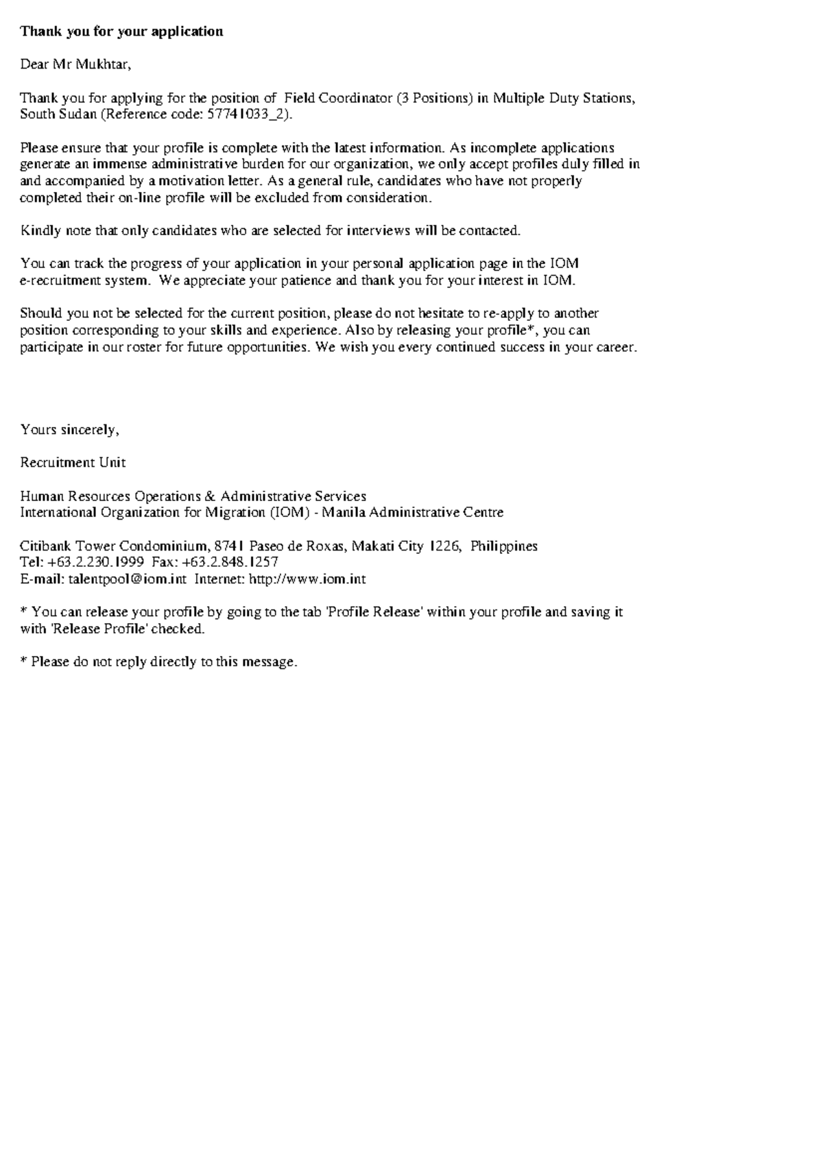 Thank you for application - Thank you for your application Dear Mr ...