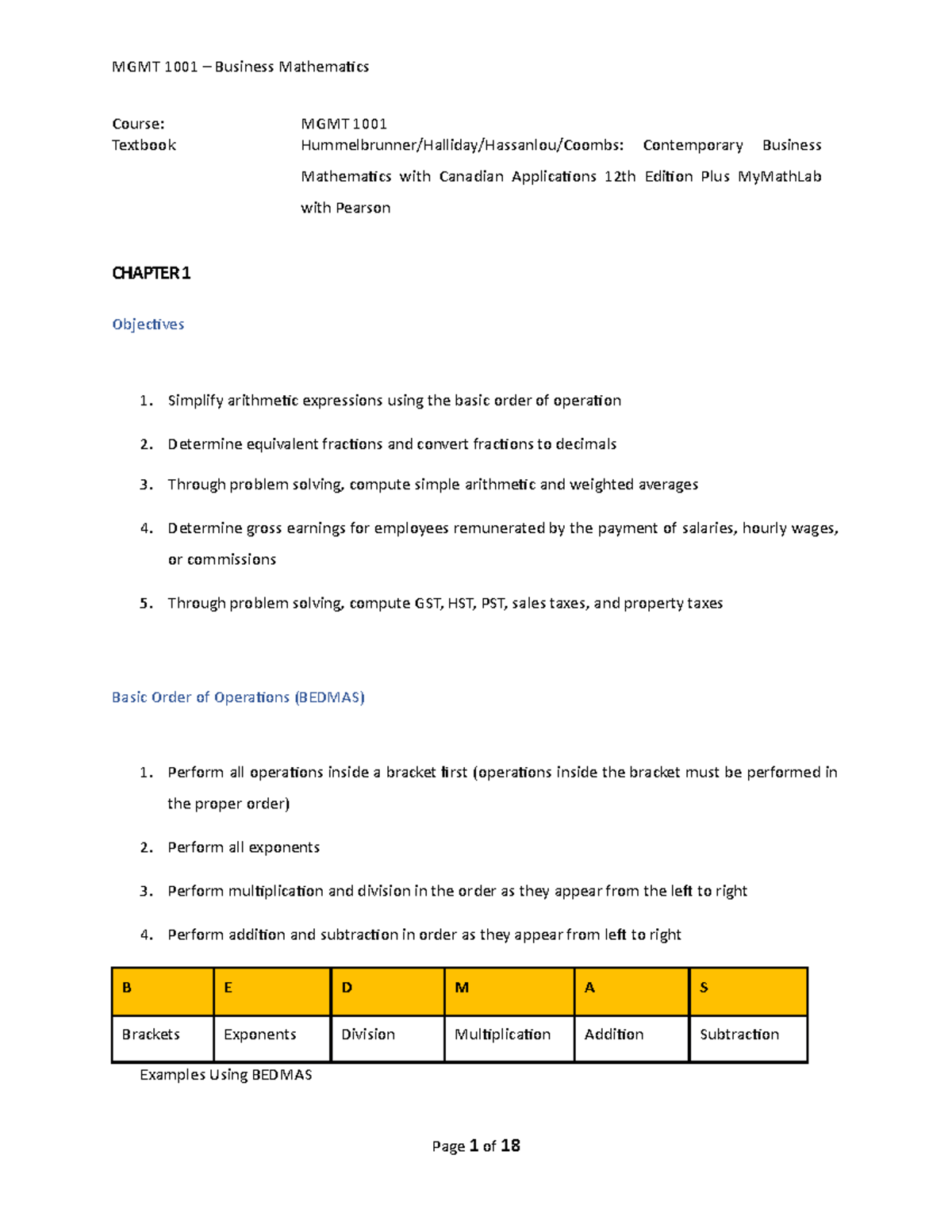 BM - C1 - Chapter 1 - Course:Textbook MGMT 1001 Hummelbrunner/Halliday ...