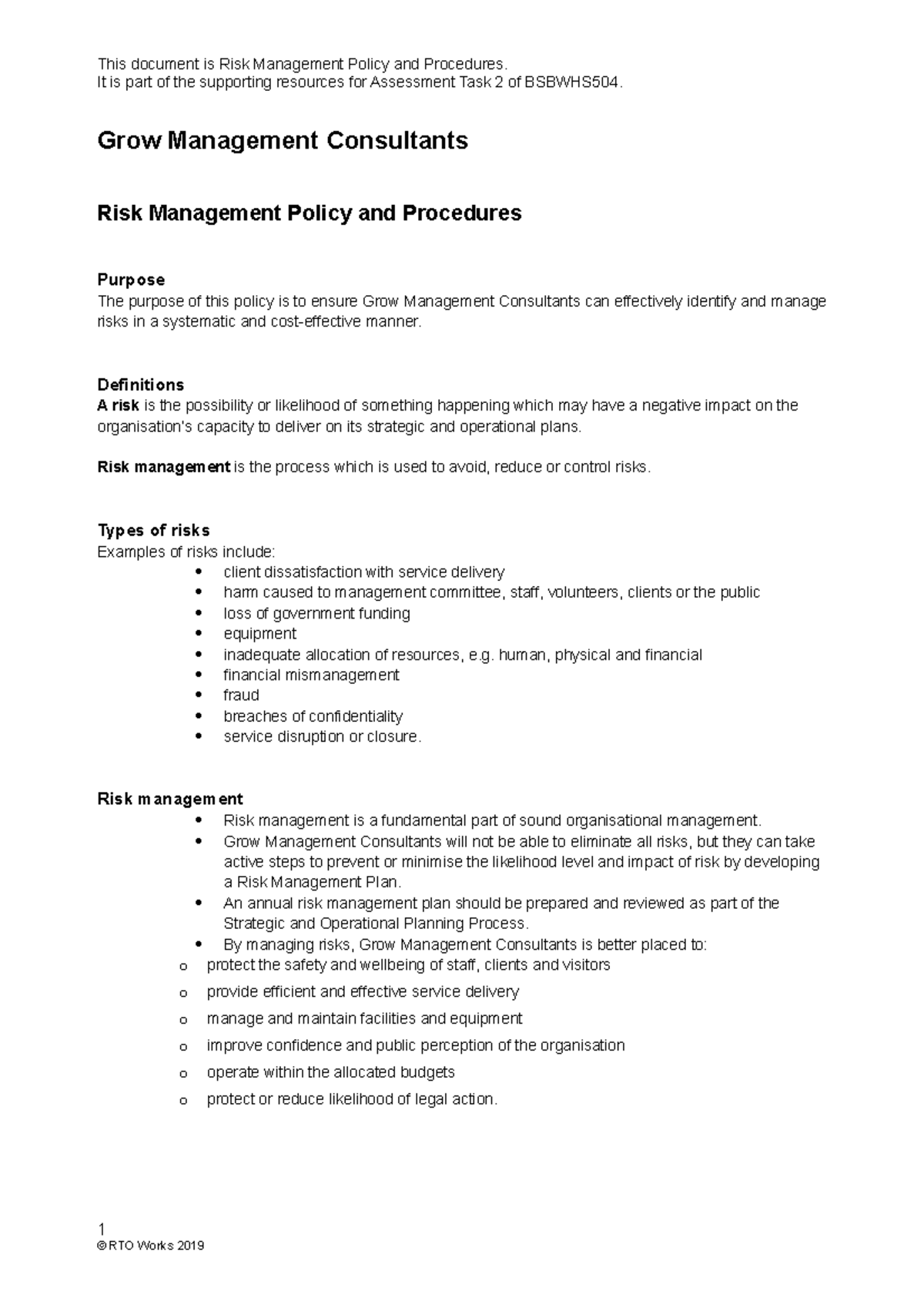 Risk Management Policy and Procedures - It is part of the supporting ...