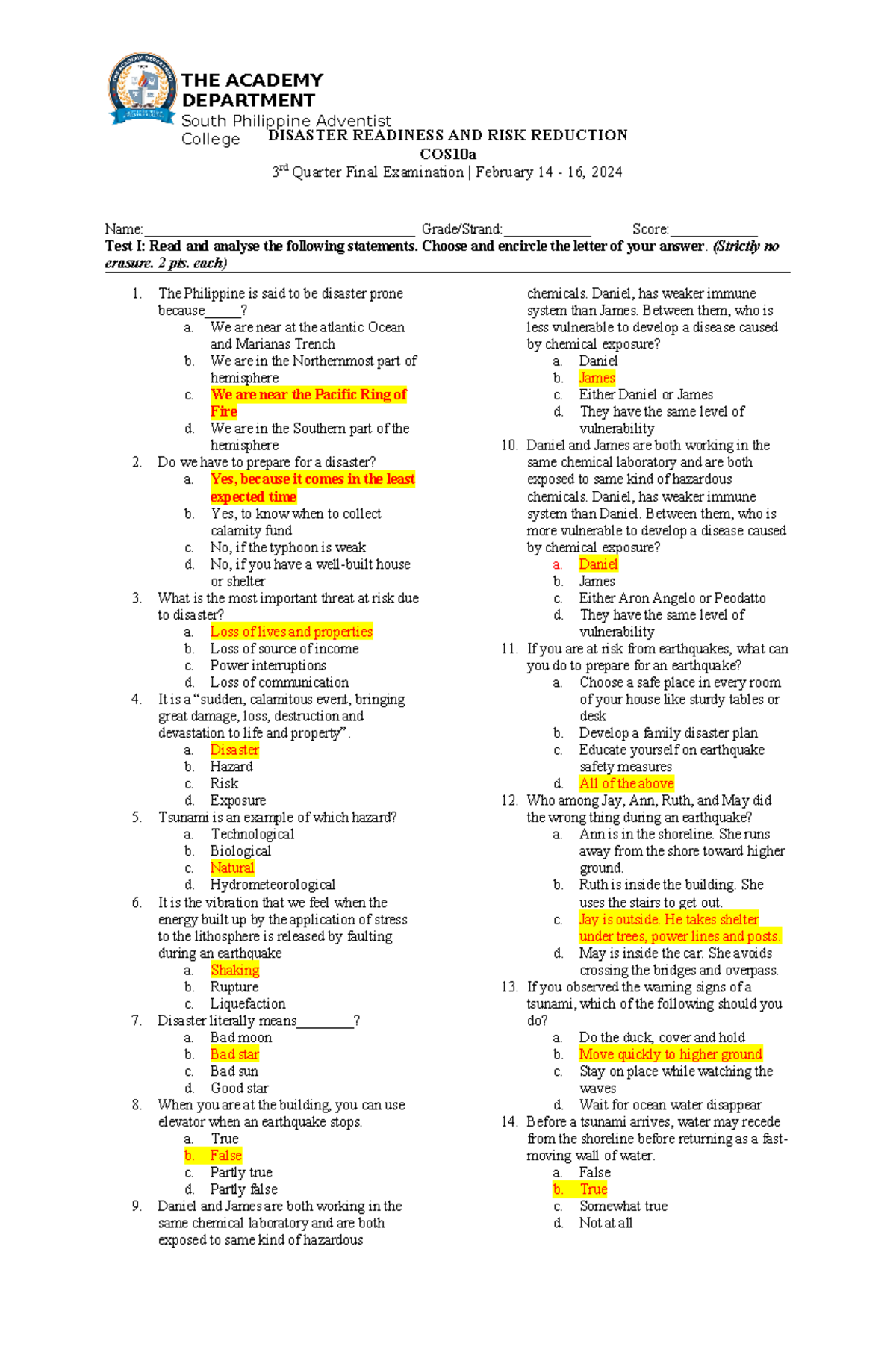 DRRR EXAM WITH Answer KEY - THE ACADEMY DEPARTMENT South Philippine ...