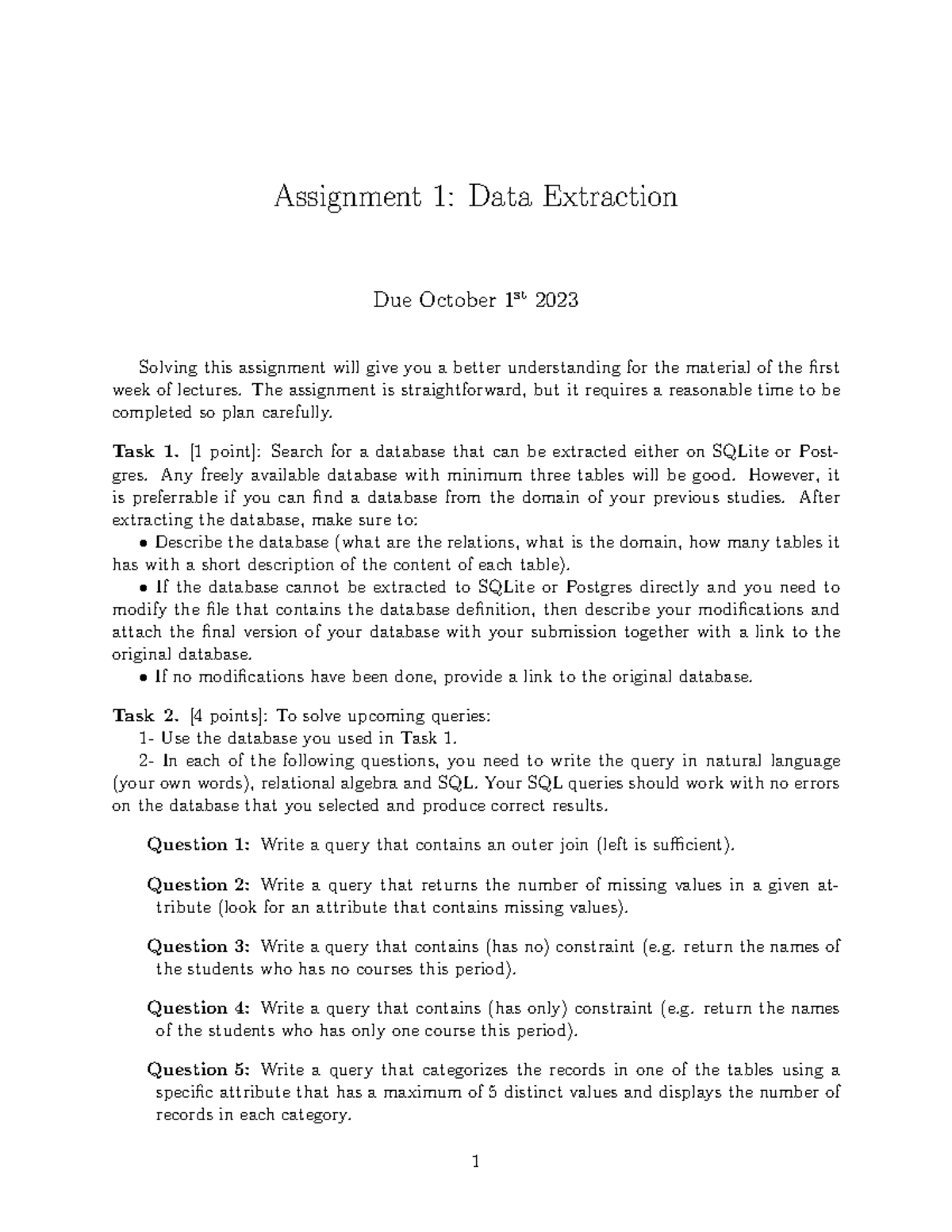 COMP333 Asg1 - A1 comp 333 - Assignment 1: Data Extraction Due October 1st 2023 Solving this ...