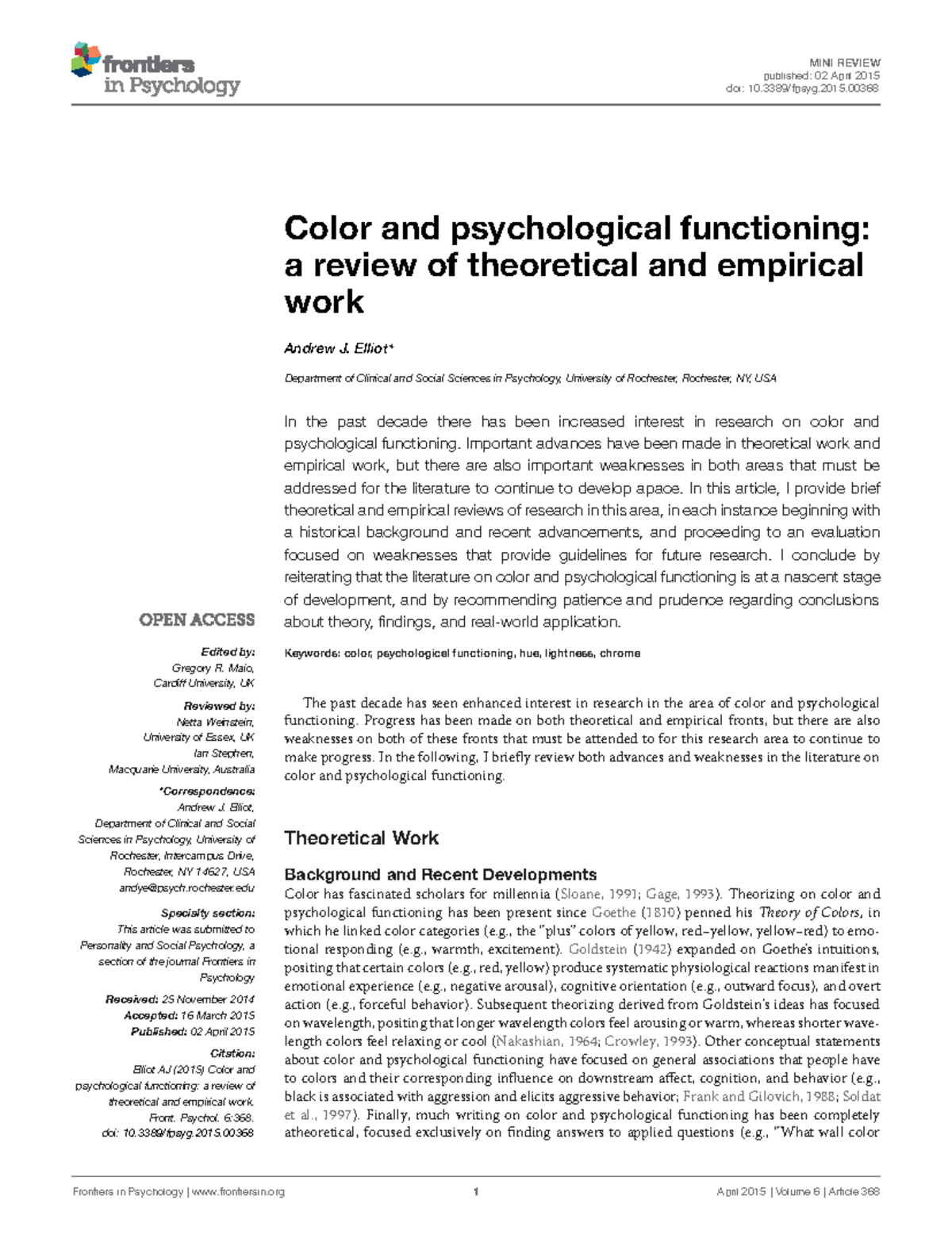Andrew J. Elliot. Color and psychological functioning - a review of ...