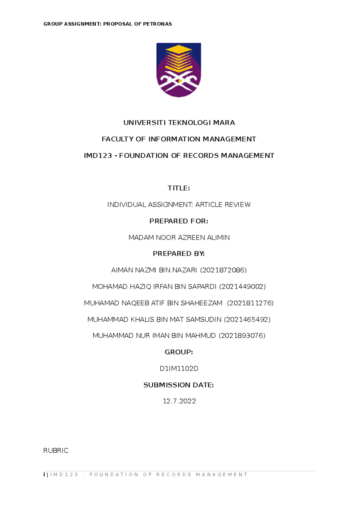 IMD123 - Group Assignment - UNIVERSITI TEKNOLOGI MARA FACULTY OF INFORMATION MANAGEMENT IMD123 ...