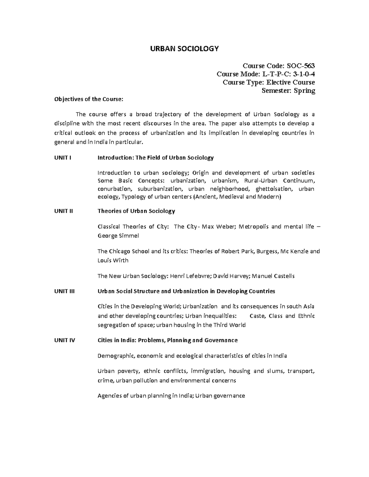 563 M A Sociology syllabus - URBAN SOCIOLOGY Course Code: SOC- Course ...
