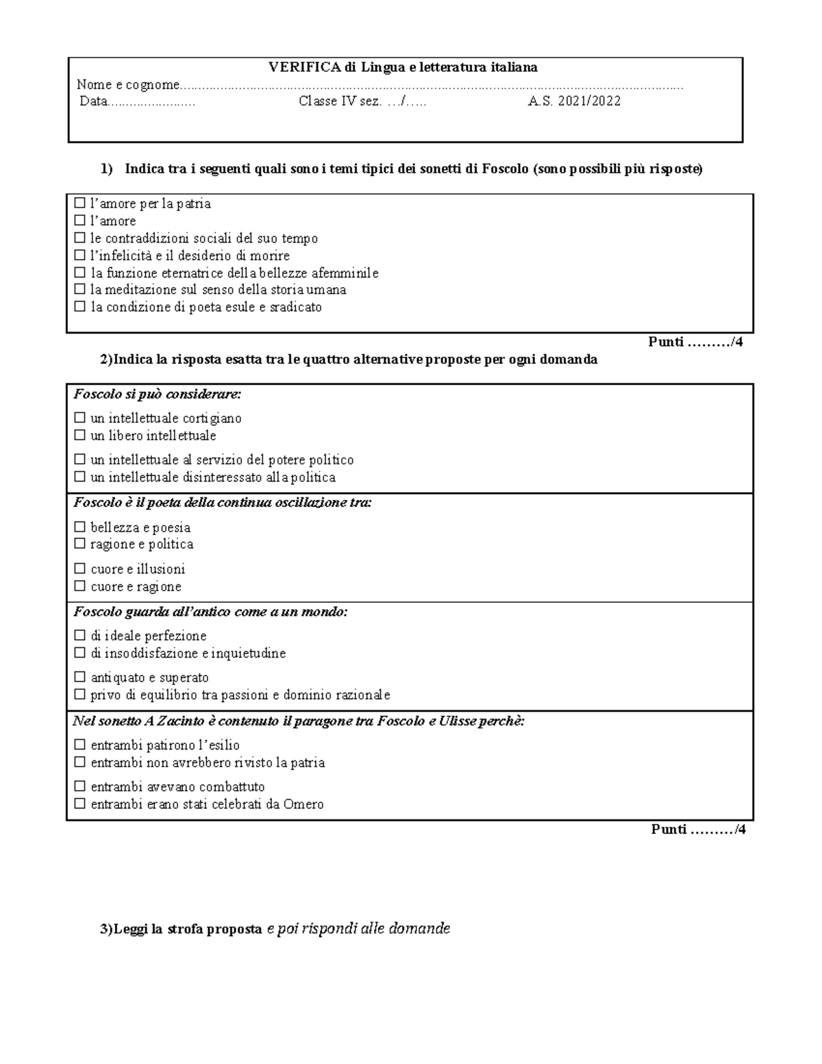 Prova di verifica esito sospeso italiano classe IV - VERIFICA di Lingua ...