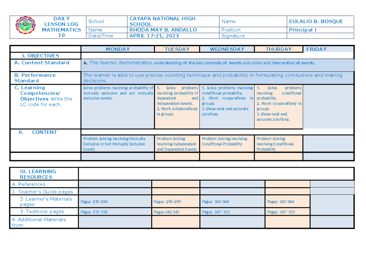 M10Q3W9 - learning plan - DAILY LESSON LOG MATHEMATICS 10 School CAYAPA ...