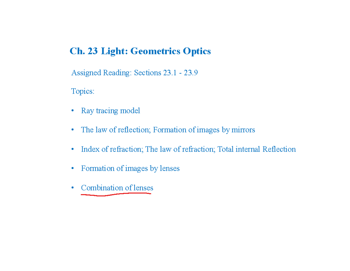Ch 23 Lecture Notes Slides - Ch. 23 Light: Geometrics Optics Assigned ...