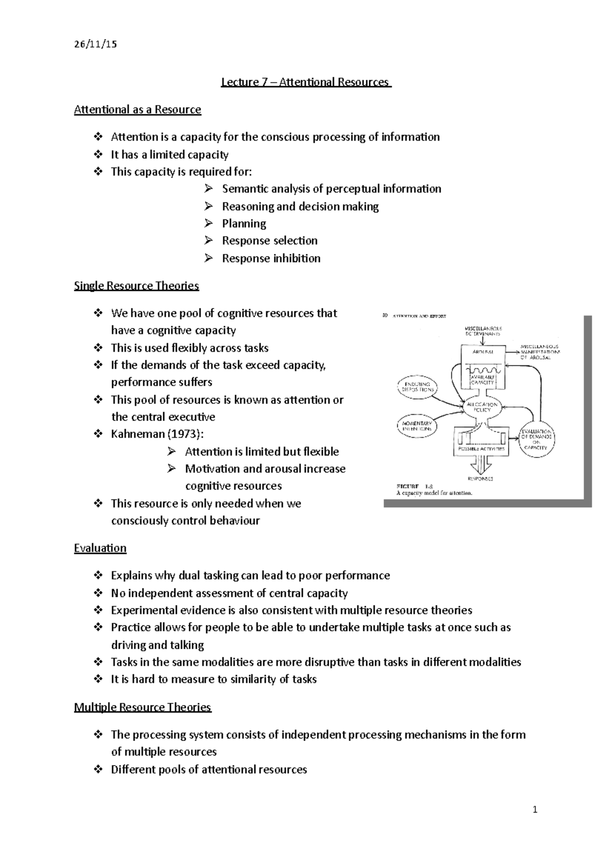 Lecture 7 - Attentional Resources - 26/11/15 Lecture 7 – Attentional Resources Attentional as a ...