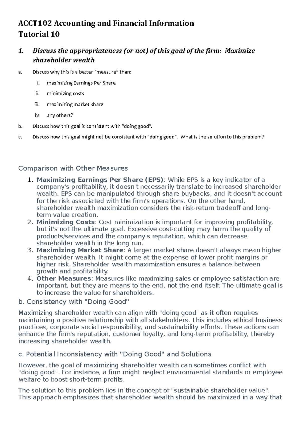 Tutorial 10 2023 - tut - ACCT102 Accounting and Financial Information Tutorial 10 1. Discuss the ...