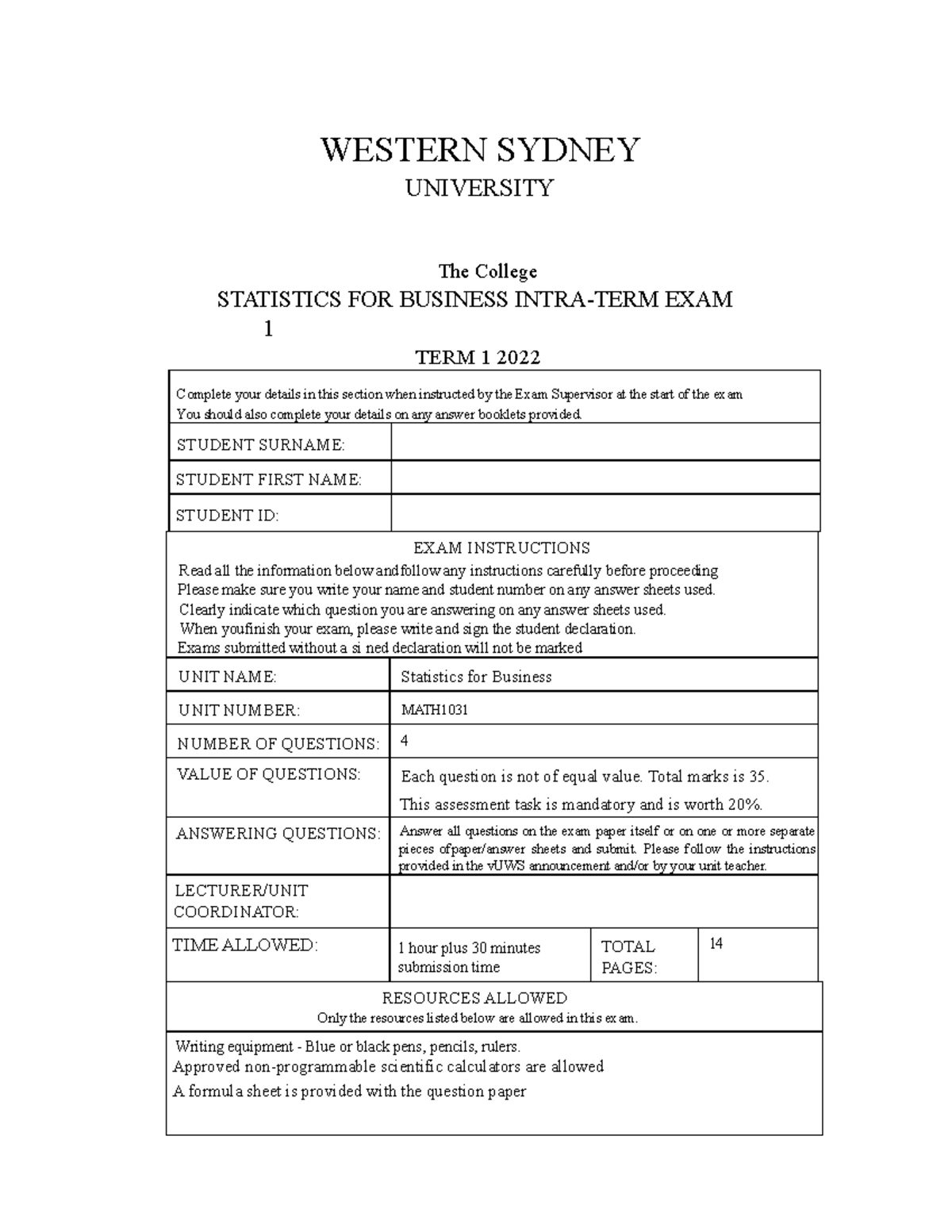 Western Sydney - End of Exam - WESTERN SYDNEY UNIVERSITY The College ...