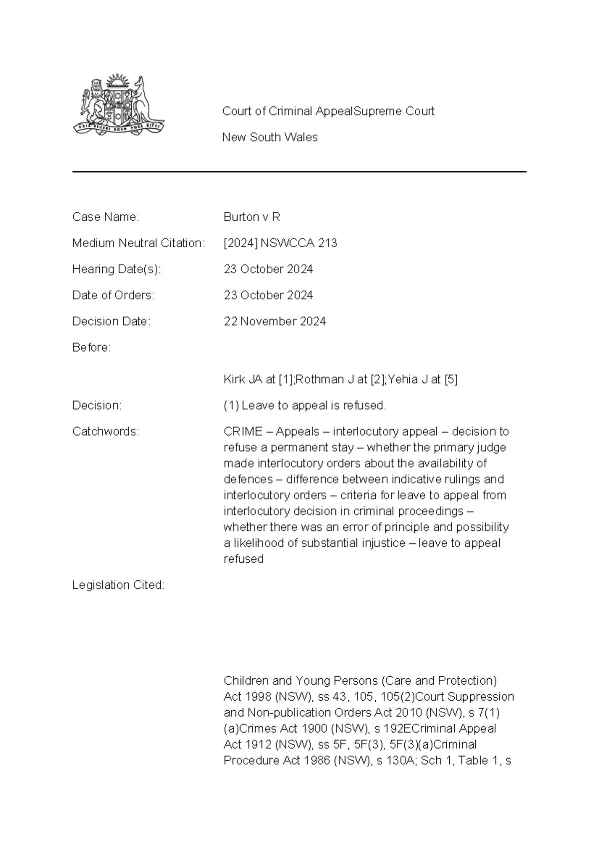 [2024] NSWCCA 213 - Court of Criminal AppealSupreme Court New South ...