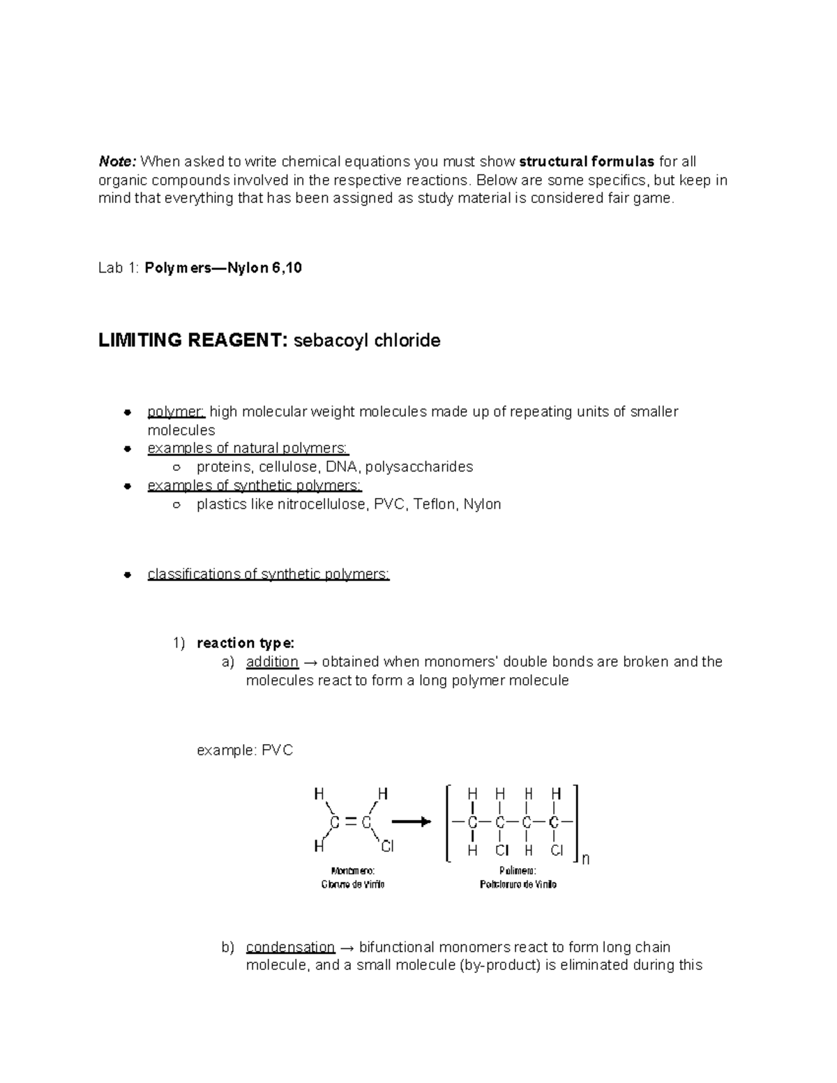 Summary/Study Guide for 1st Lab Exam Organic Chemistry II - Note: When ...