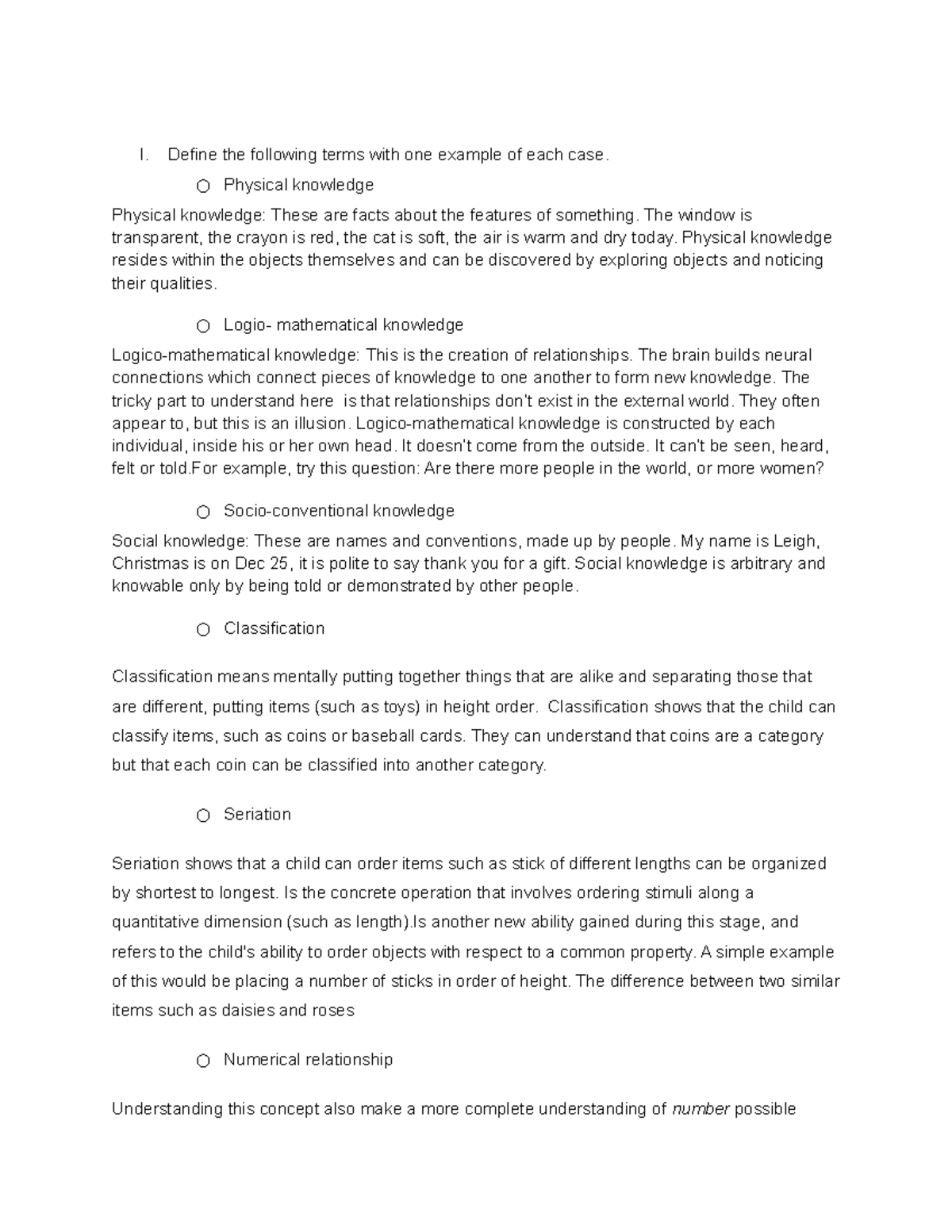 Discussion 6 - I. Define the following terms with one example of each ...