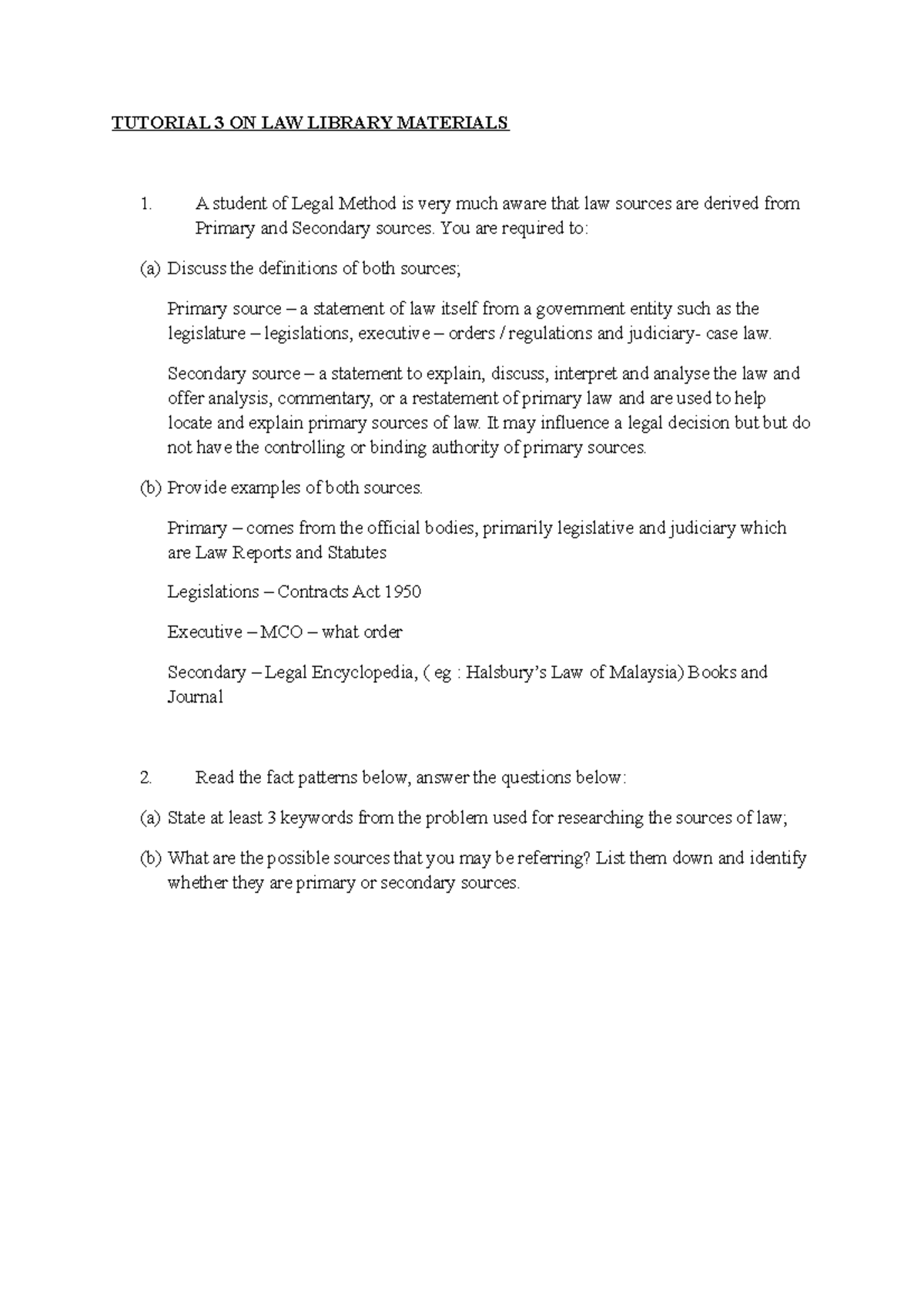 Legal Method Tutorial 3 - Draft - TUTORIAL 3 ON LAW LIBRARY MATERIALS A ...