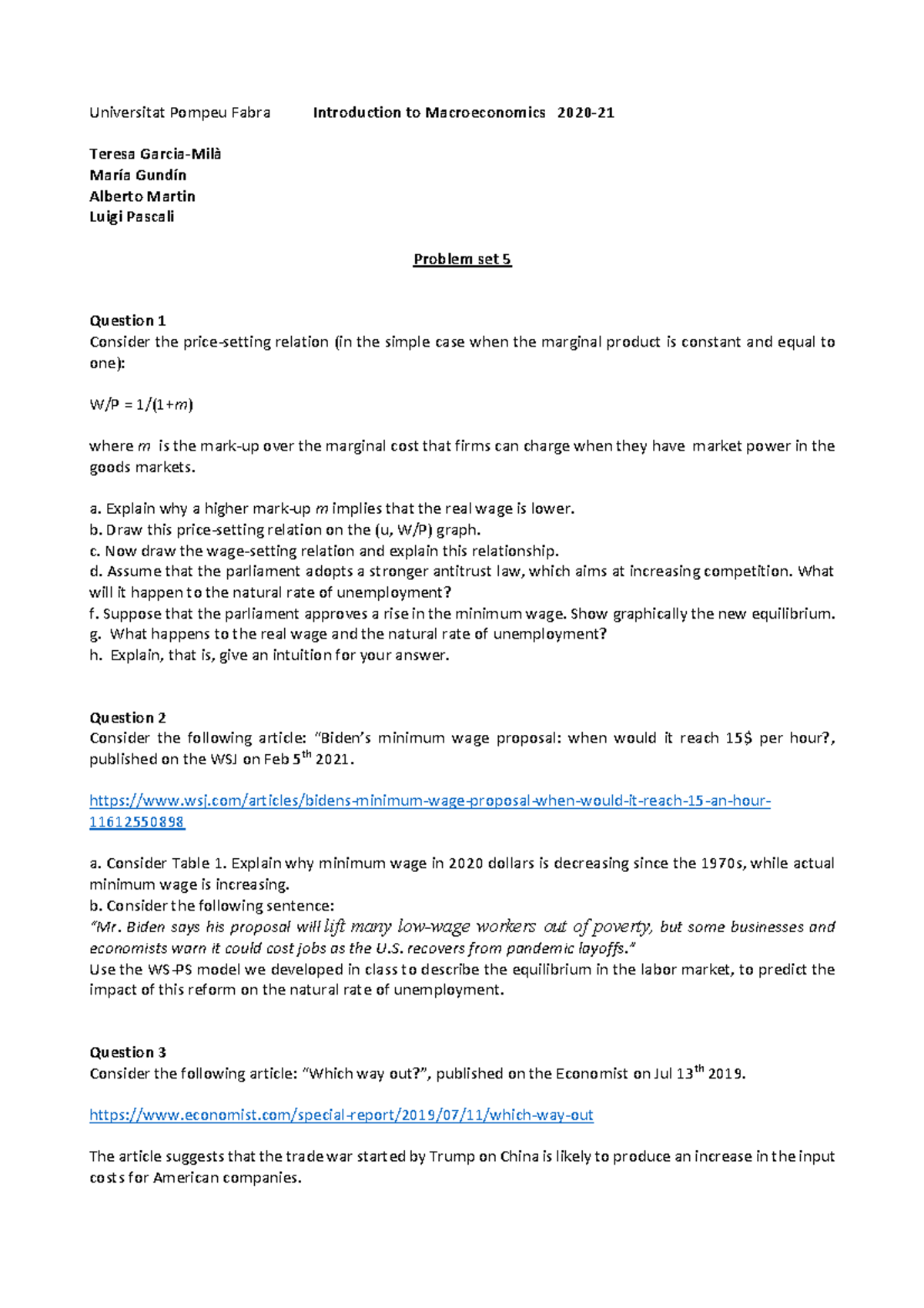 Problem Set 5 Introduction To Macroeconomics 2021 Universitat Pompeu Fabra Introduction To