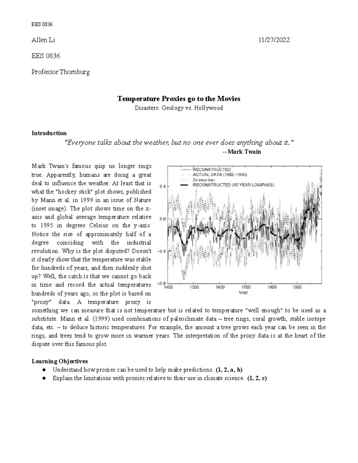 HW Temp Proxies go to the Movies - Allen Li 11/27/ EES 0836 Professor ...