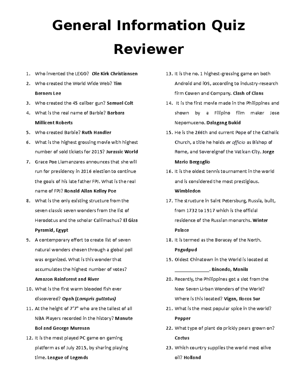 General Information Quiz Bee Reviewer 1 General Information Quiz