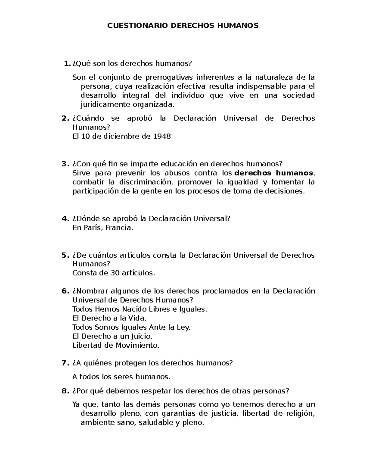 Cuestionario Derechos Humanos - CUESTIONARIO DERECHOS HUMANOS ¿Qué son ...