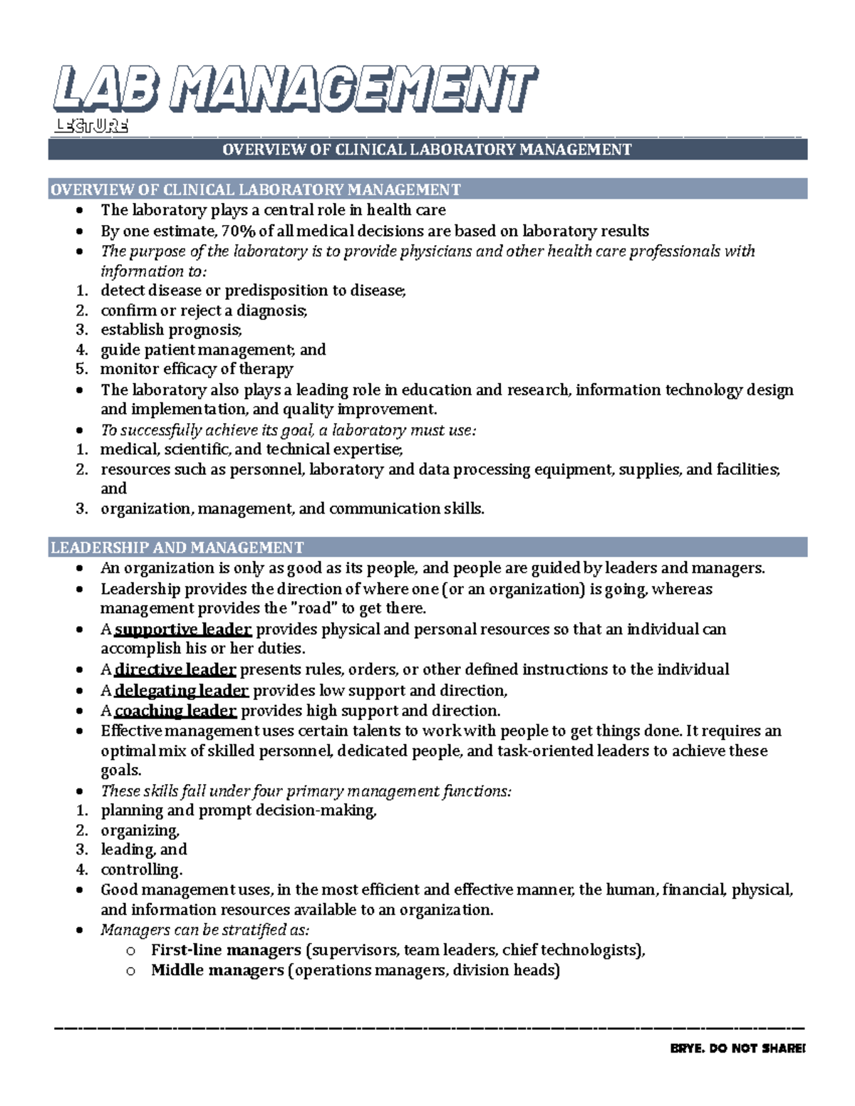 Prelims Overview of Clinical Laboratory - Lab management - Studocu