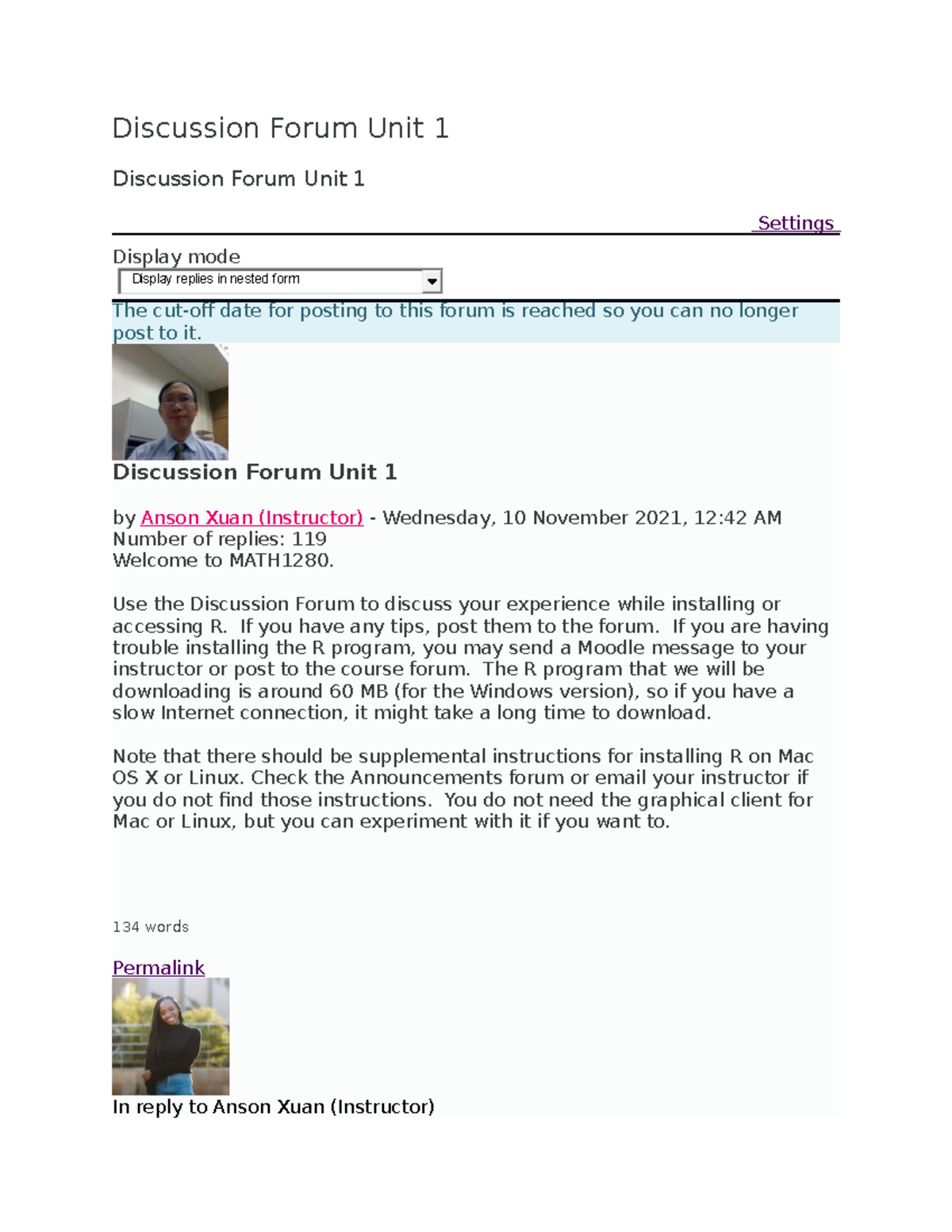 MATH1280-Discussion Forum Unit 1-Peers and Instructor - Discussion ...