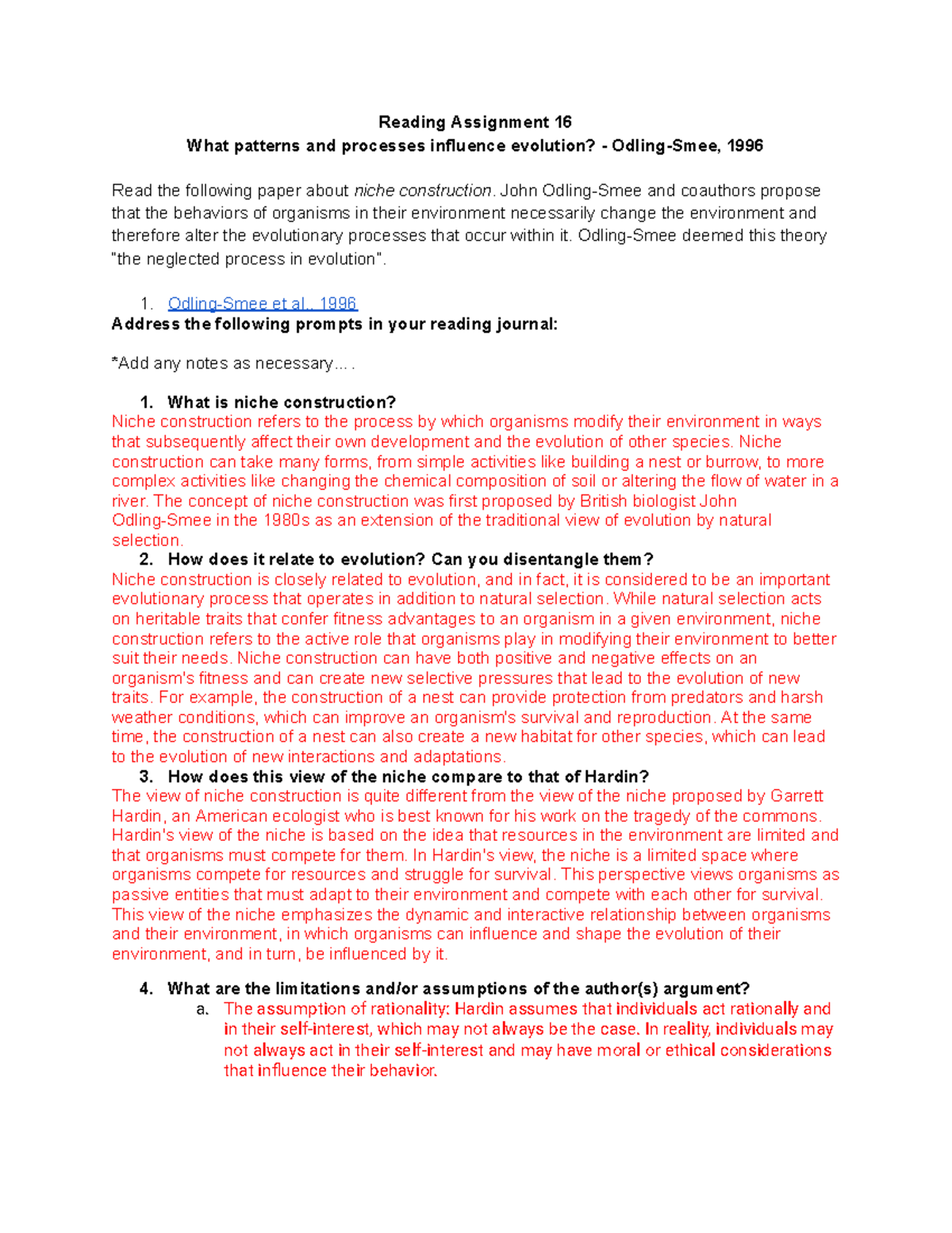 Reading Assignment 16 Biodiversity Odling Smee 1996 - Reading Assignment 16 What patterns and ...