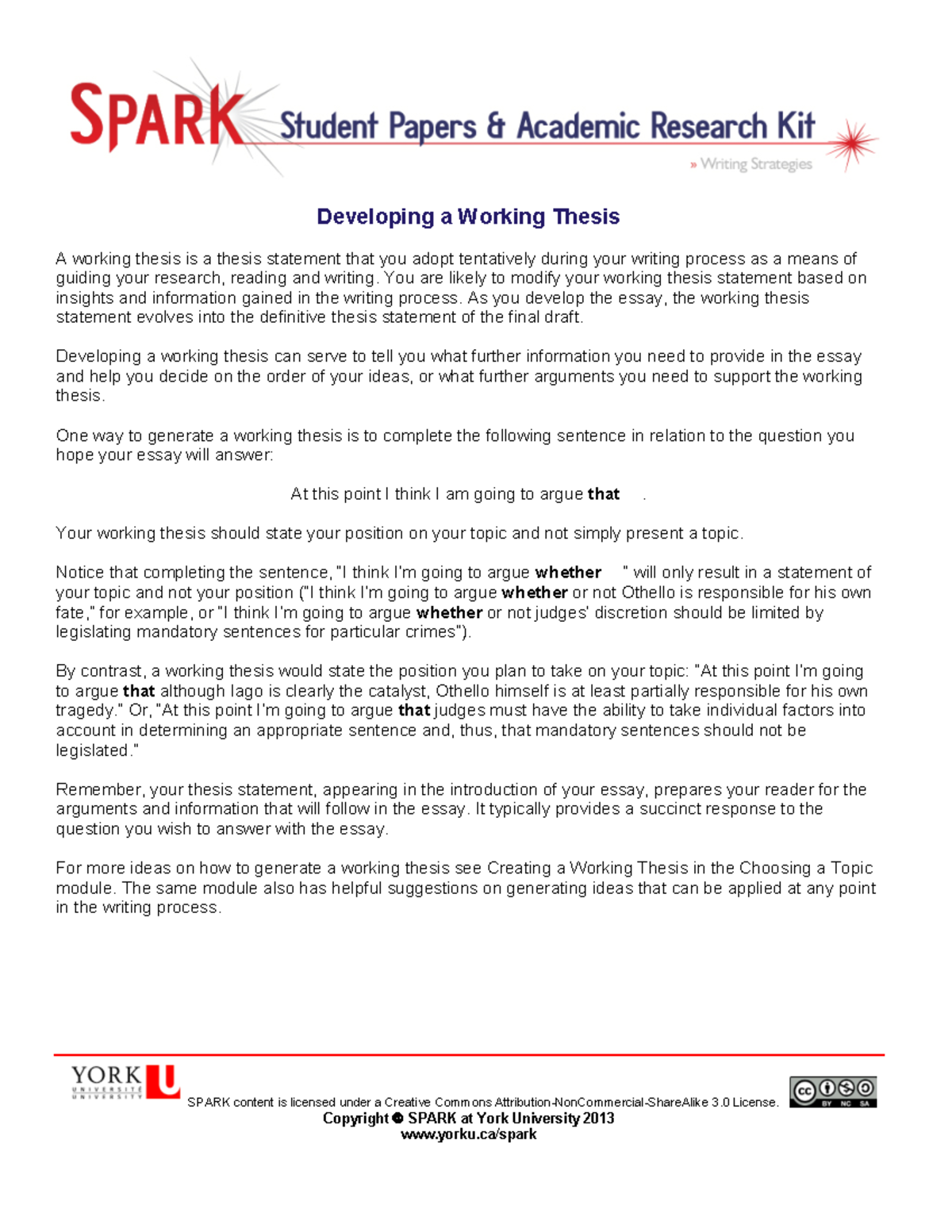 Spark-Writing Strategies - Developing a Working Thesis Resource copy ...