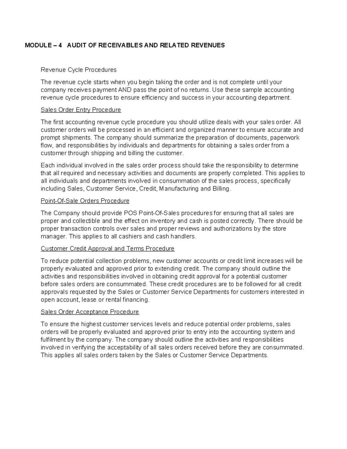 Pdfcoffee - MODULE – 4 AUDIT OF RECEIVABLES AND RELATED REVENUES ...