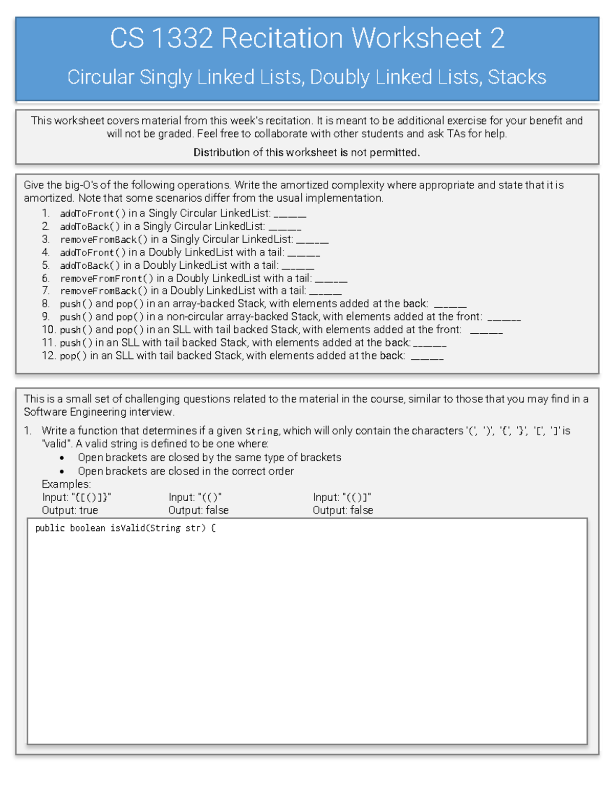 Worksheet 02 - CS 1332 Recitation Worksheet 2 Circular Singly Linked Lists, Doubly Linked Lists ...