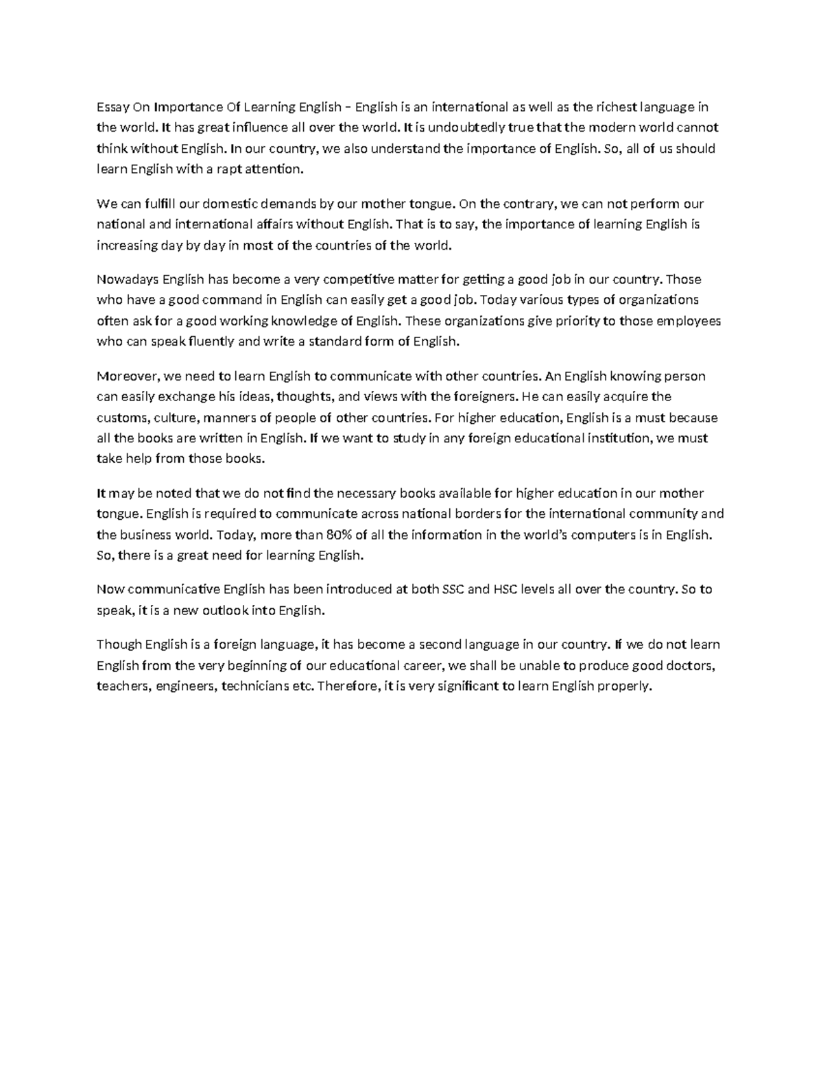 Essay On Importance of English - Essay On Importance Of Learning ...