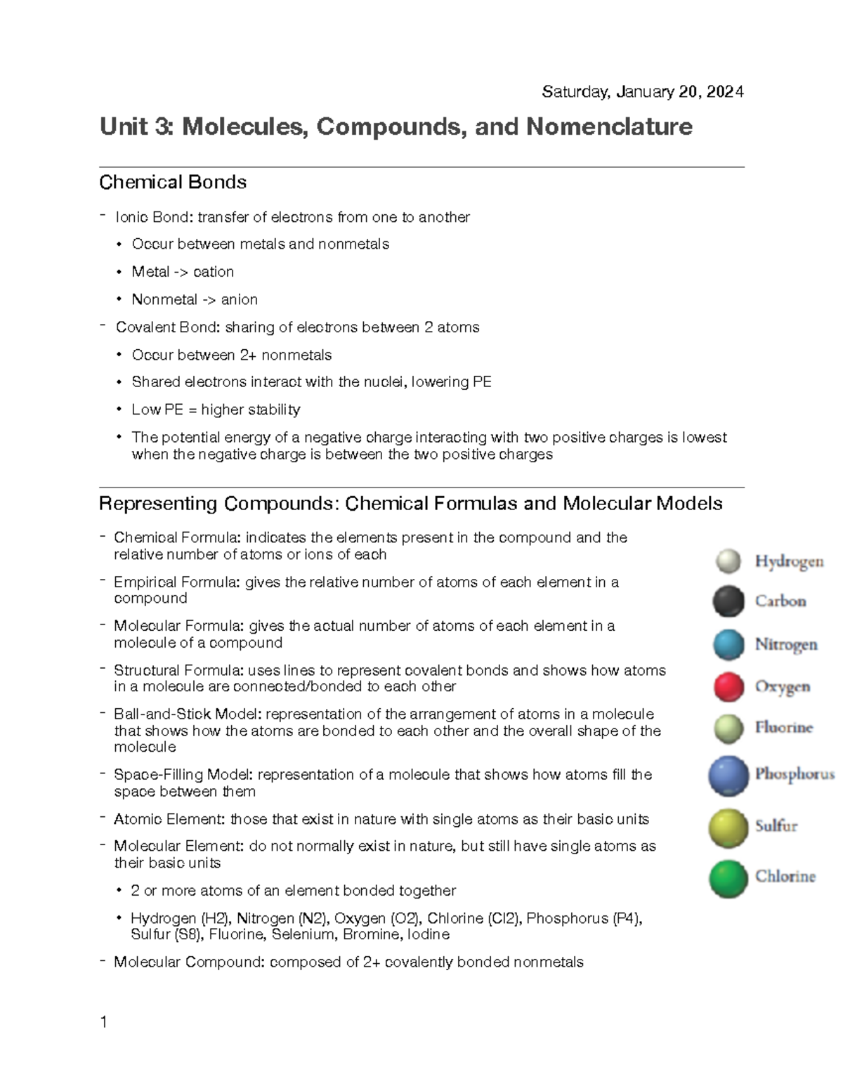 Unit 3 - Textbook Notes - Unit 3: Molecules, Compounds, and ...