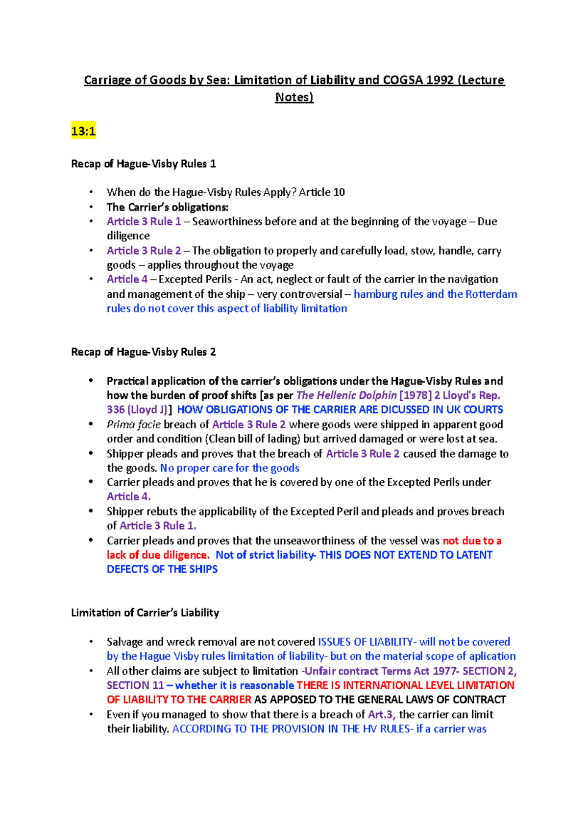 Carriage of Goods by Sea- Limitation of Liability and Cogsa 1992 ...