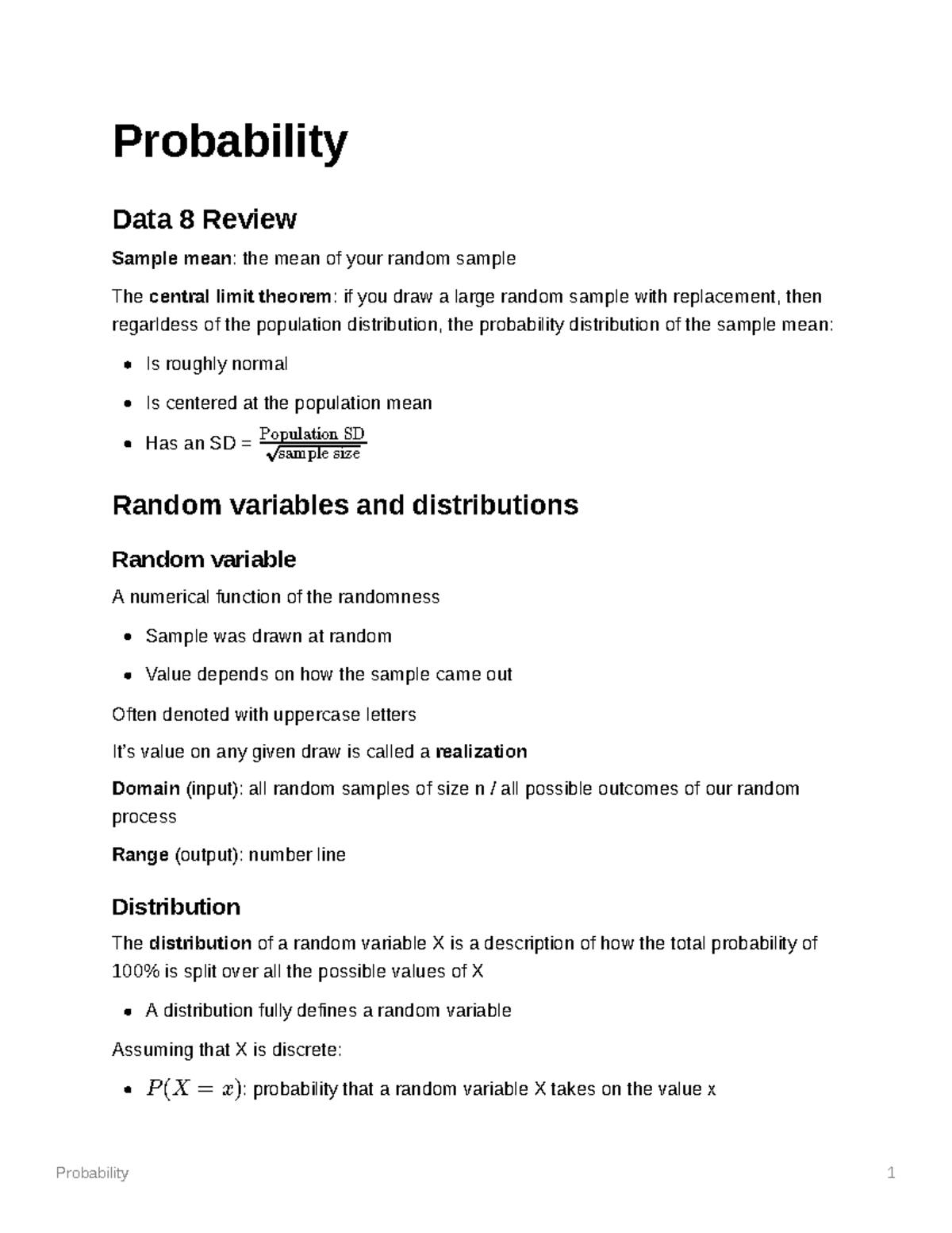 Probability Intro - Probability Data 8 Review Sample mean: the mean of ...