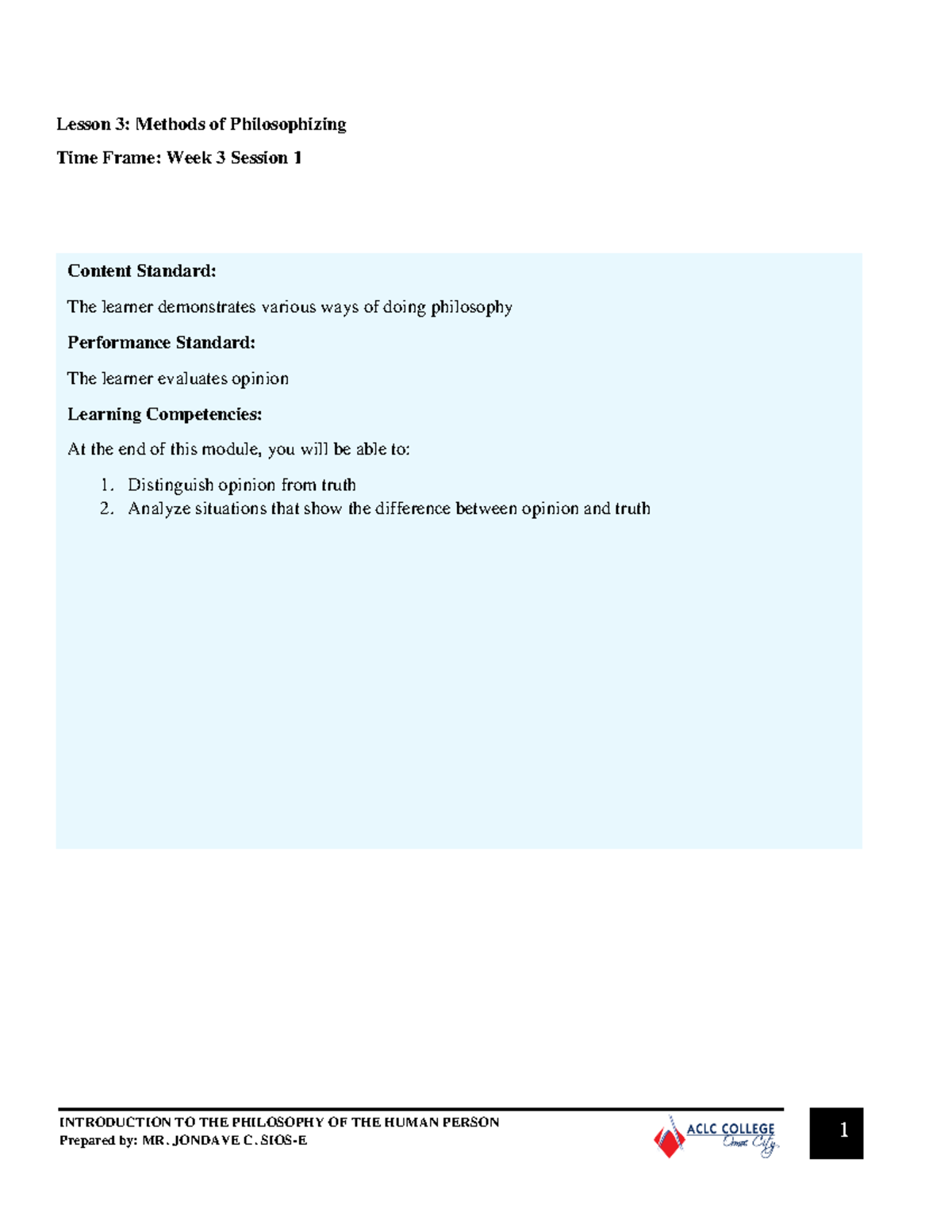 IPHP Lesson 3 PDF - notes - INTRODUCTION TO THE PHILOSOPHY OF THE HUMAN ...