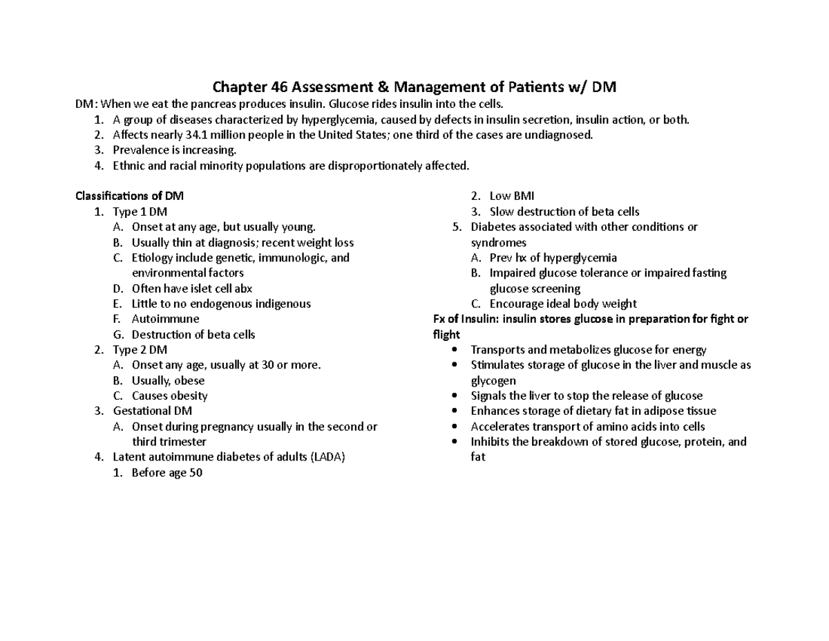 Dm med surg - need to know - Chapter 46 Assessment & Management of ...