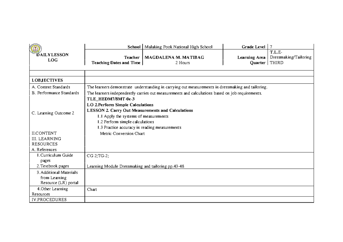 Polished dll-dressmaking-LO2 - DAILYLESSON LOG School Malaking Pook ...