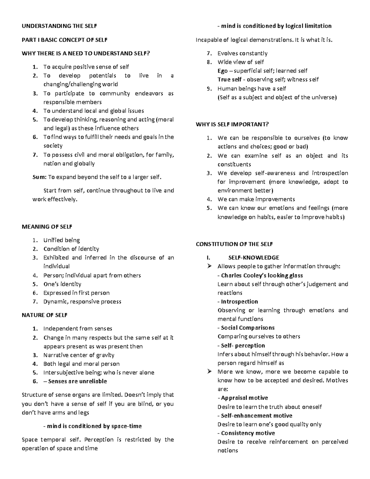 Understanding the Self - Course Summary - UNDERSTANDING THE SELF PART I ...