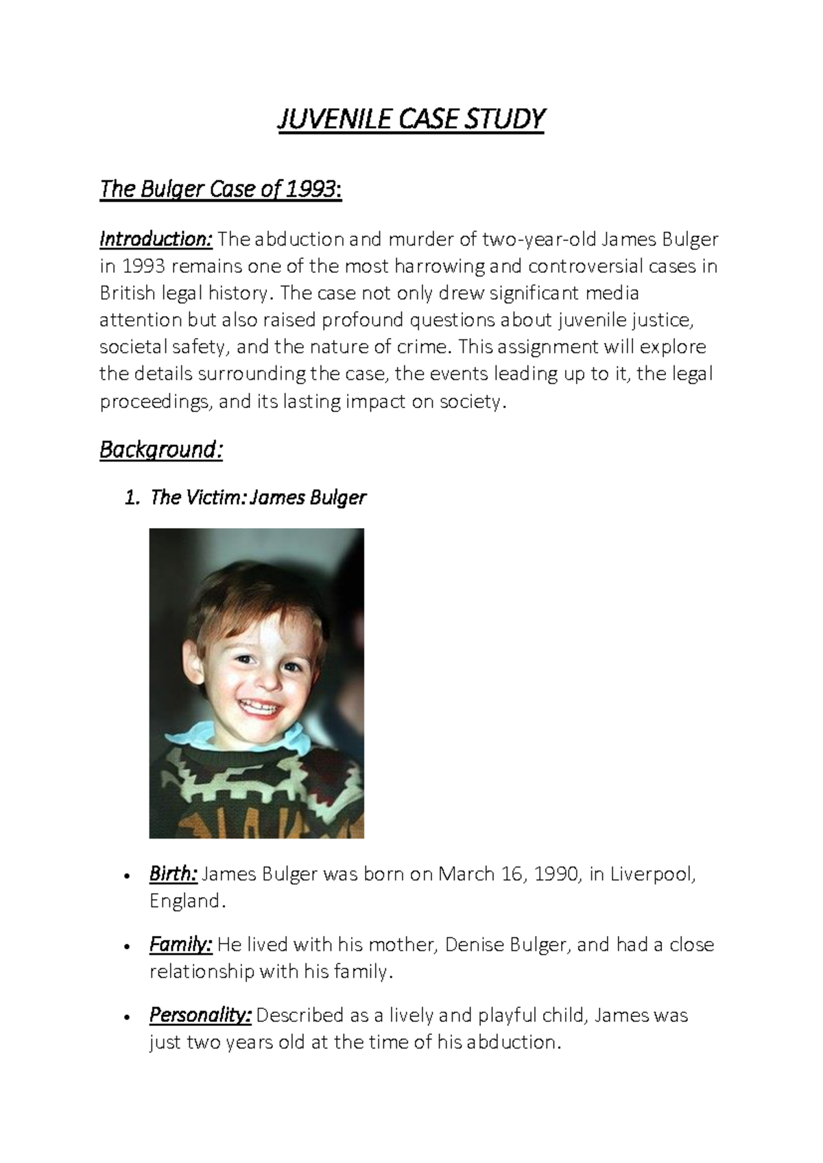 The Bulger Case - JD - JUVENILE CASE STUDY The Bulger Case of 1993 ...