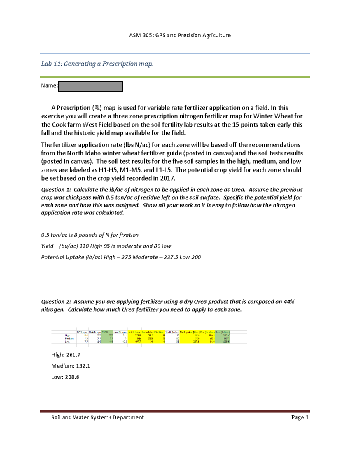 Asm lab 11 - lab 11 - ASM 305: GPS and Precision Agriculture Soil and ...