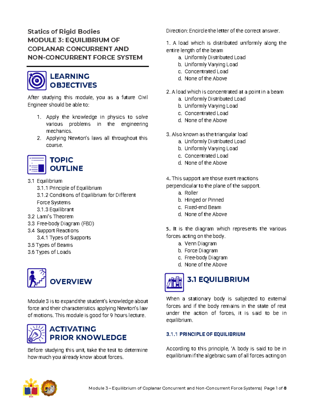 Module 3 Equilibrium of Coplanar Concurrent and Non-Concurrent Force ... Module 3 Equilibrium of Coplanar Concurrent and Non-Concurrent Force ...
