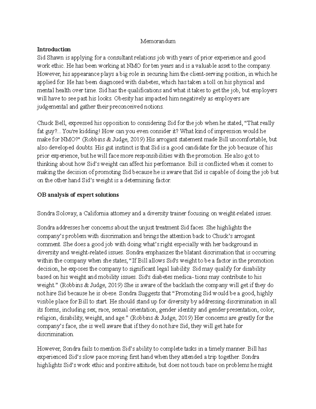Memo Fat Chance Case Study Analysis - Memorandum Introduction Sid Shawn ...