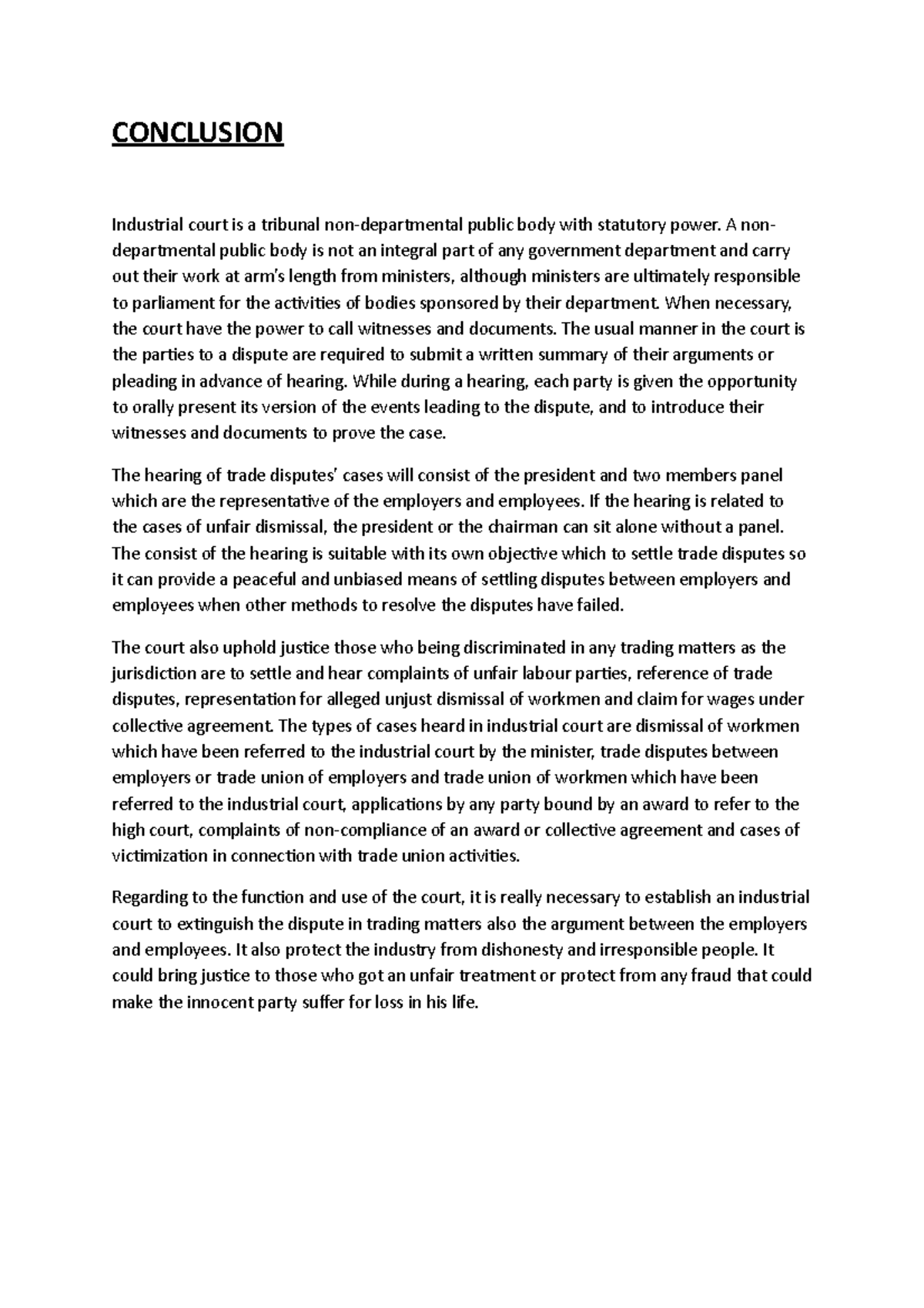 Conclusion for industrial court - CONCLUSION Industrial court is a ...