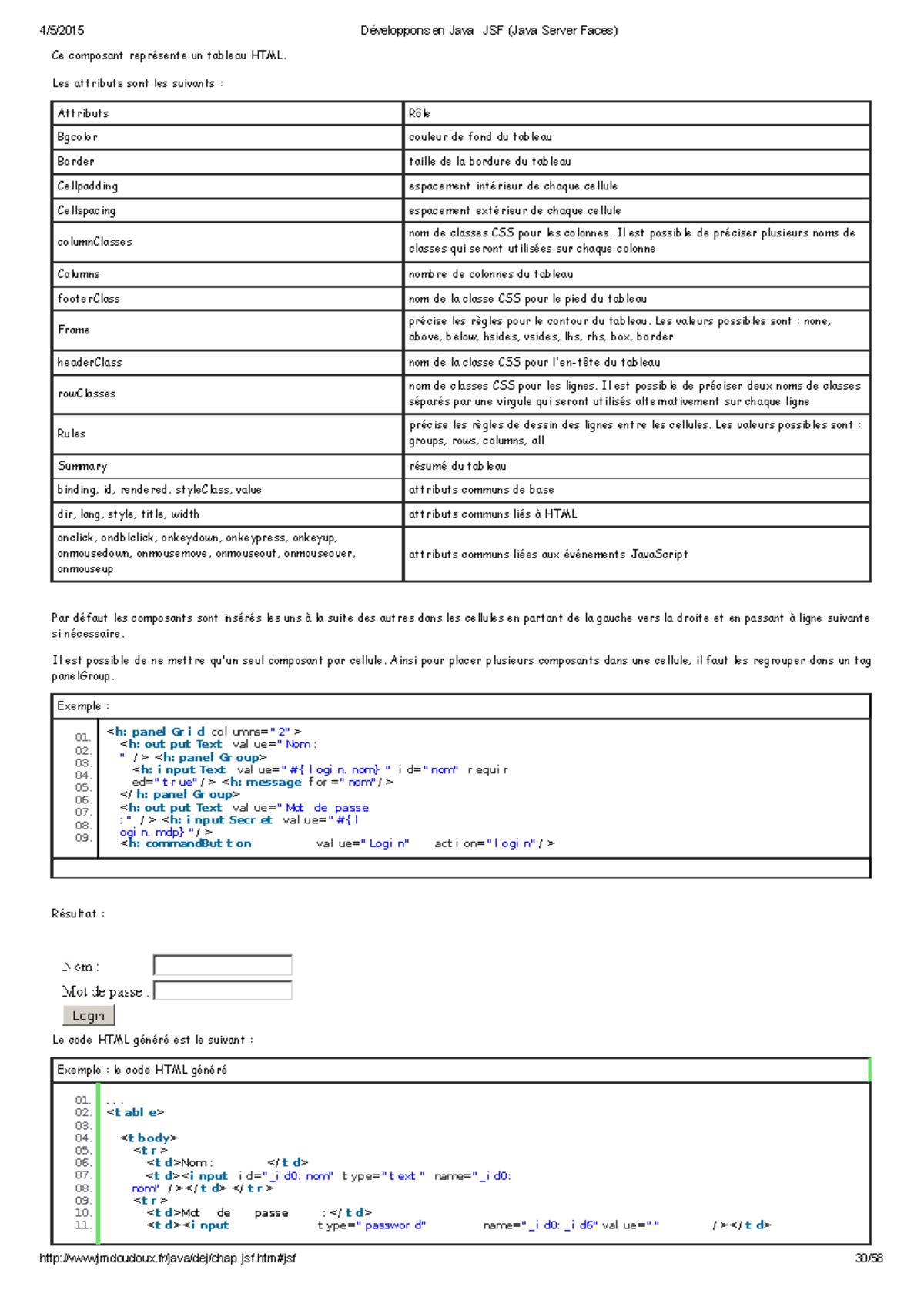 INF1120 Programmation -JAVA PART7 - Ce composant représente un tableau HTML. Les attributs sont ...