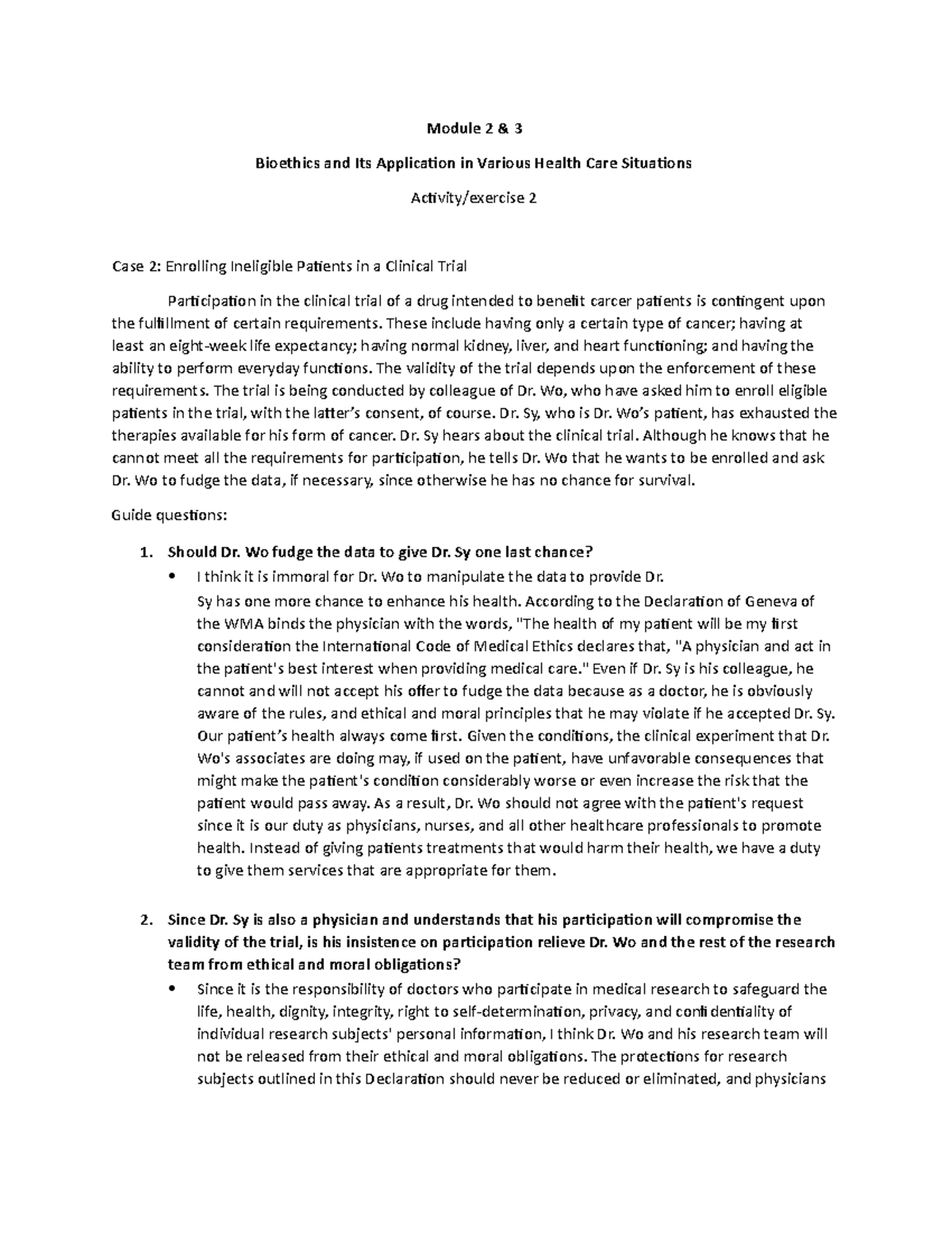 Resare Module 2 and 3 Activity - Module 2 & 3 Bioethics and Its ...